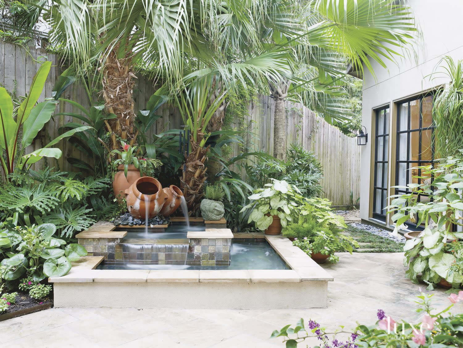 Mediterranean Cream Landscape Water Feature | LUXE Interiors + Design