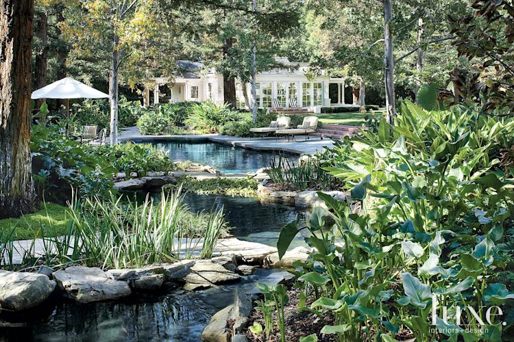 Transitional Rear Exterior with Landscaping | LUXE Interiors + Design