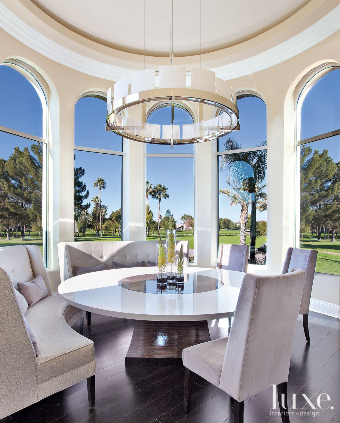 Contemporary Neutral Dining Room with Arched Windows | Luxe Interiors ...