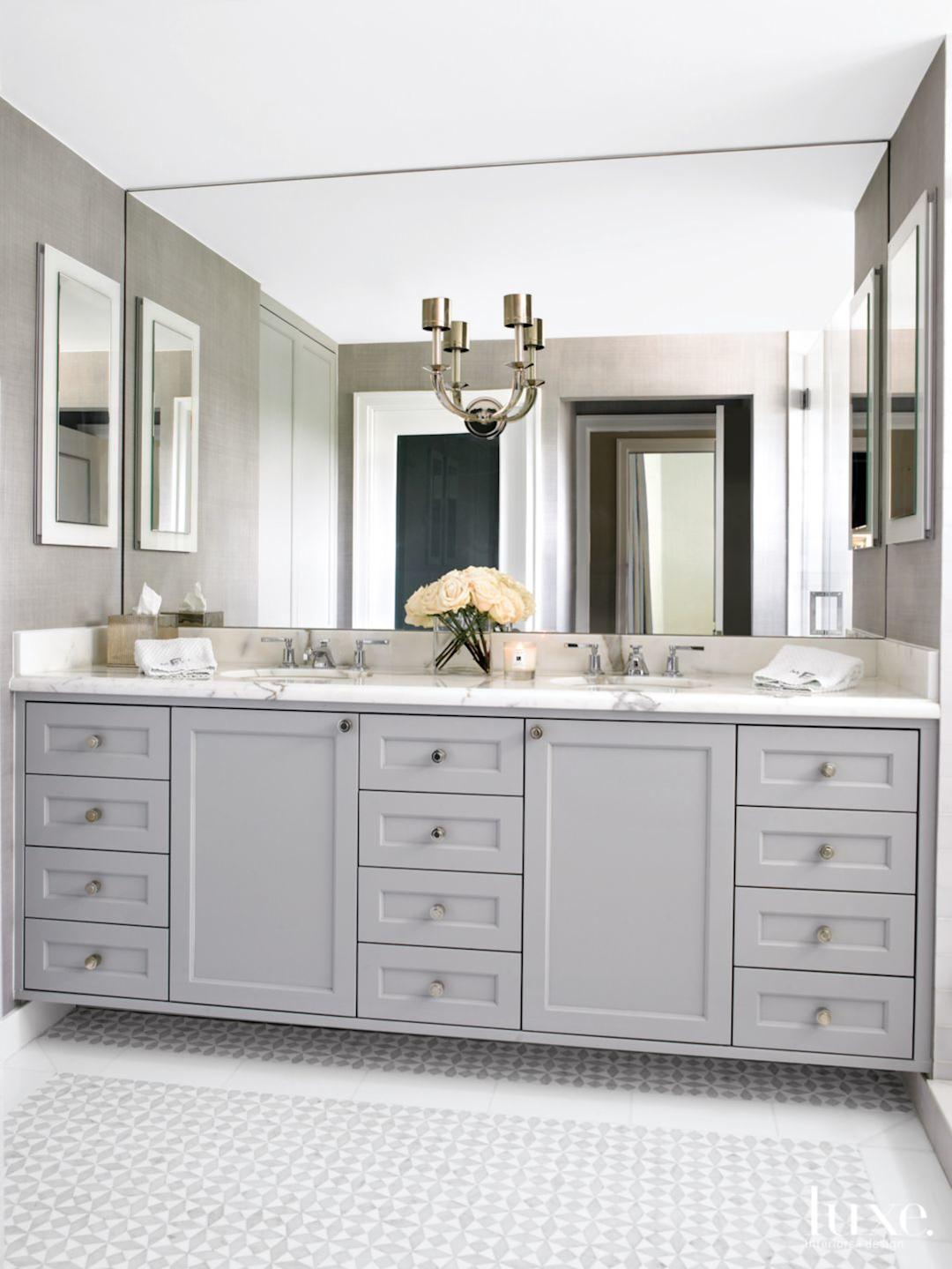 Modern Gray Bathroom with Gray Cabinets | Luxe Interiors + Design