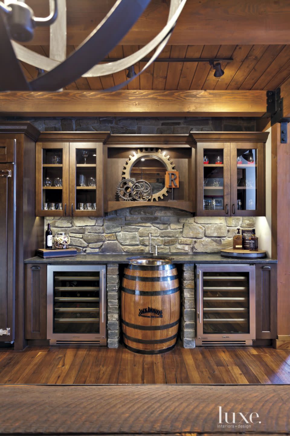 Neutral Mountain Bar Area with Barrel Sink | LUXE Interiors + Design