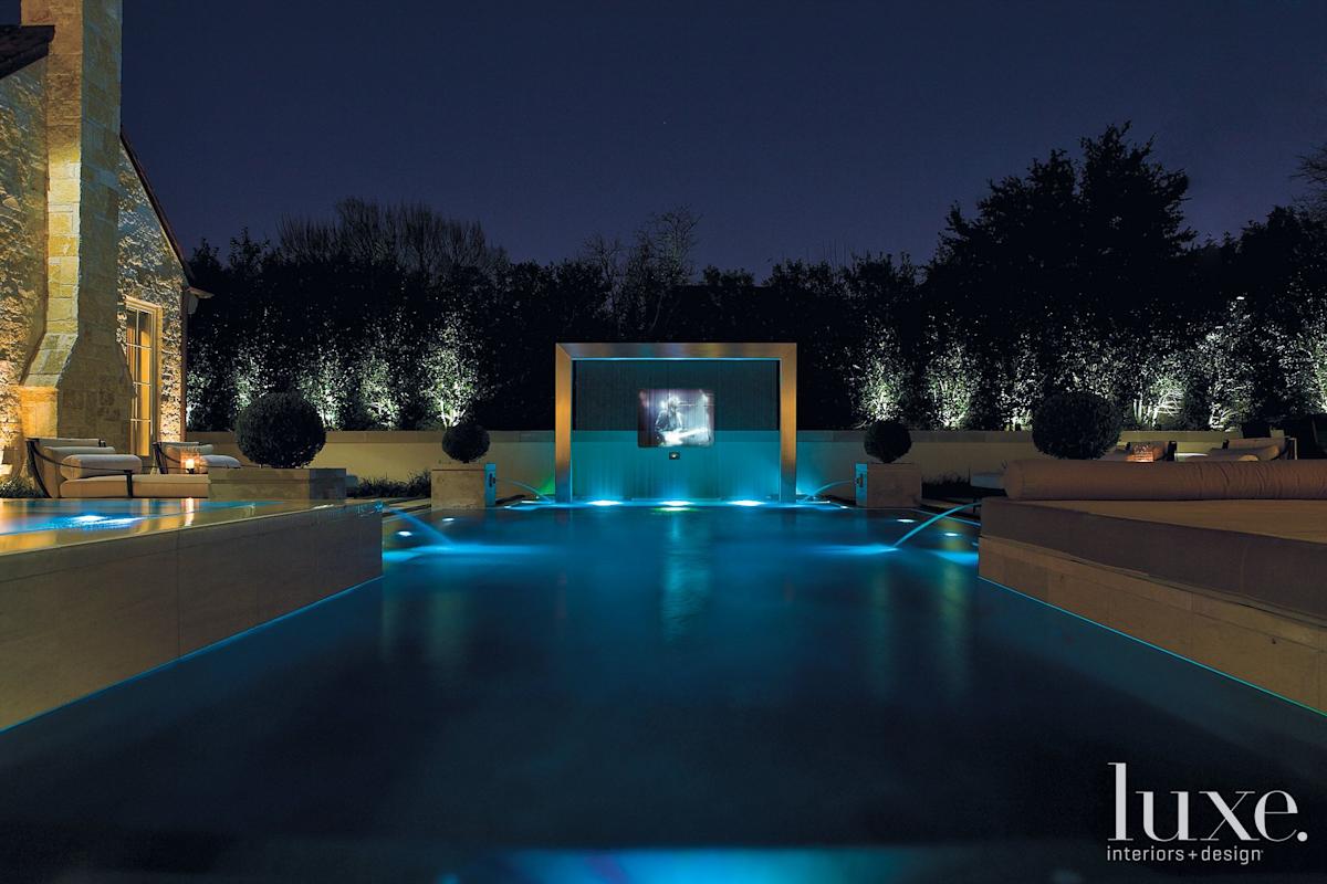 Contemporary Pool Area with Waterfall Projection Screen | LUXE ...
