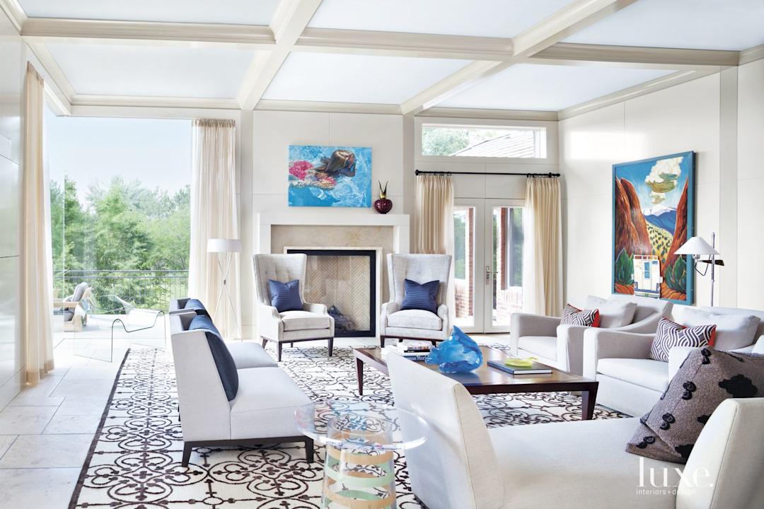 Contemporary Cream Family Room with Coffered Ceiling | Luxe Interiors ...