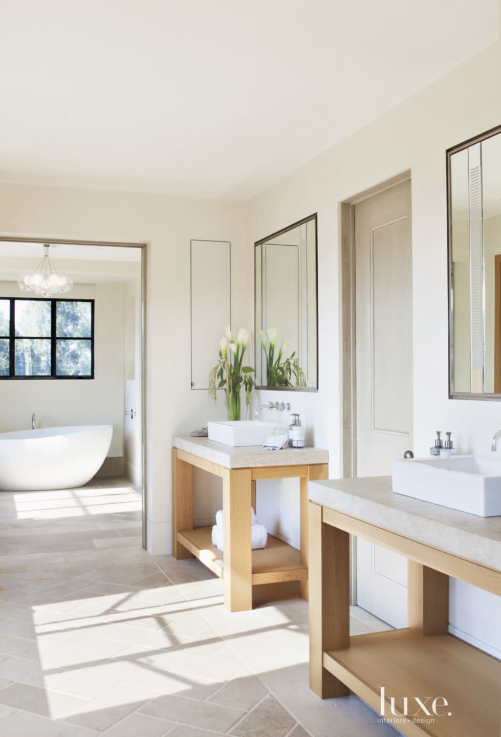 Transitional White Bathroom with Matching Vanities | Luxe Interiors ...
