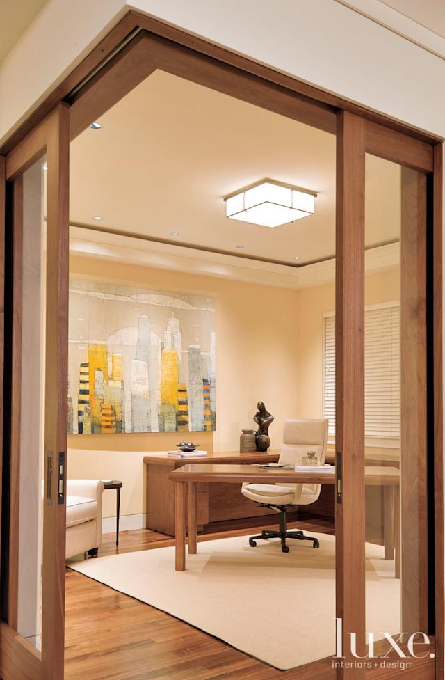 Contemporary Cream Office with Skyline Artwork | LUXE Interiors + Design