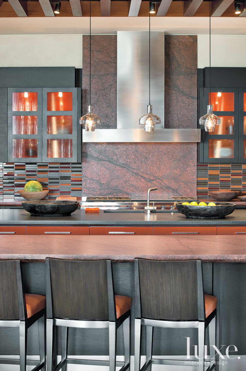 Modern Red Kitchen with Brushed-Granite Countertops | Luxe Interiors ...