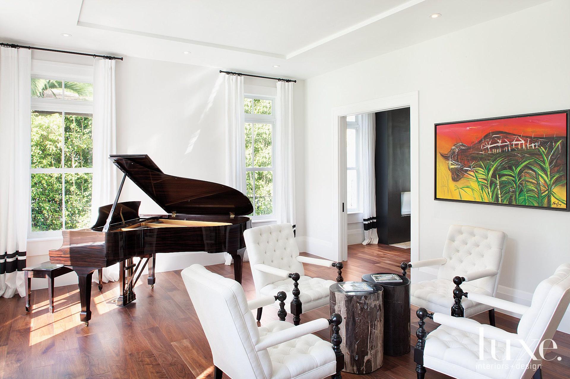 Contemporary White Music Room | Luxe Interiors + Design