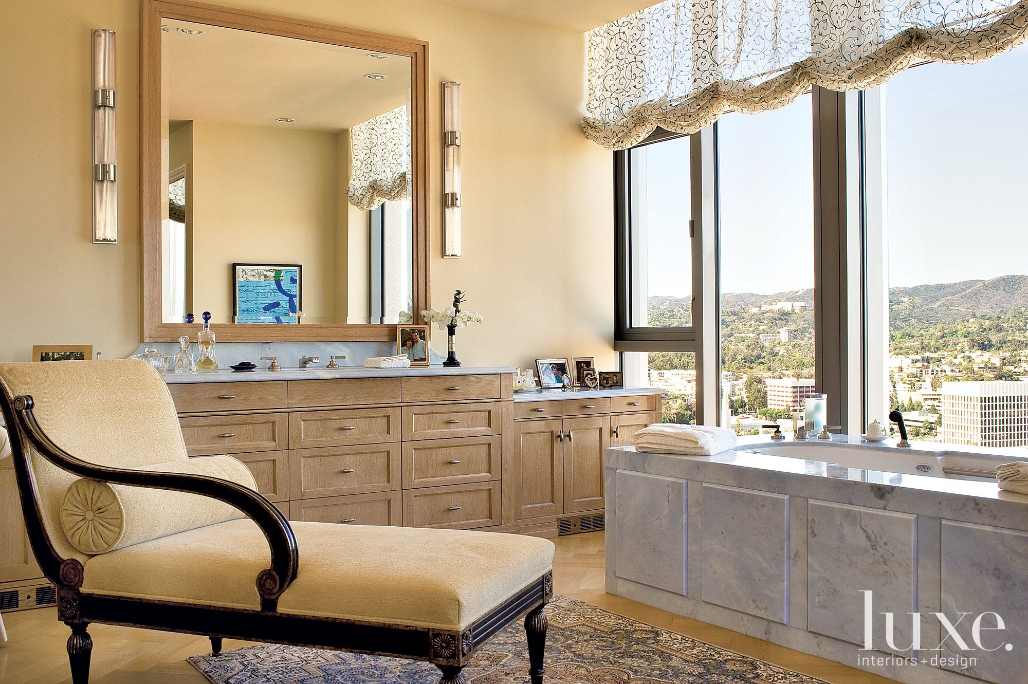 Eclectic Cream Bathroom with Chaise Lounge Chair Luxe Interiors Design