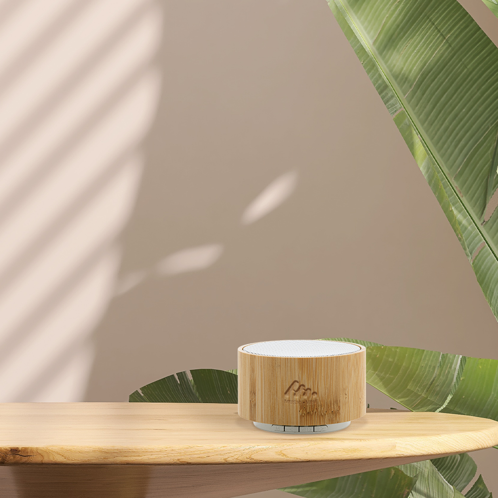 Enceinte sans fil 3W RCS en plastique recyclé et bambou | HelloPrint