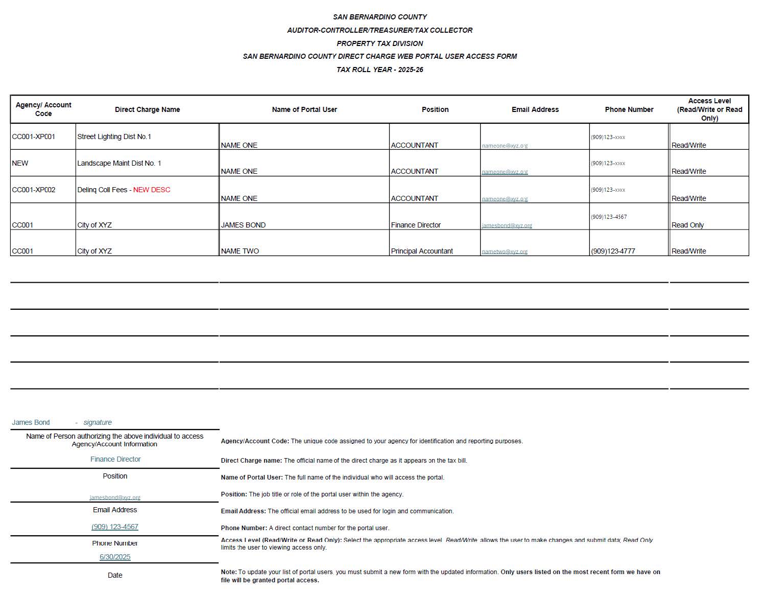 Sample of Direct Charge Web Portal User Access form