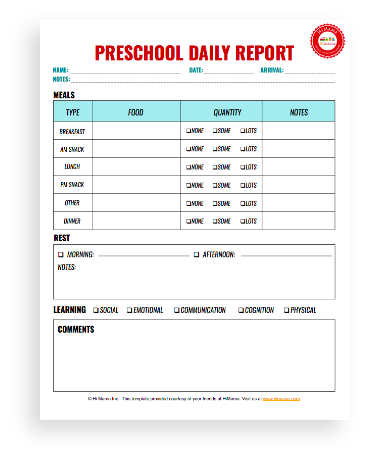 Free Infant, Toddler, and Preschool Daily Reports | Templates | Lillio