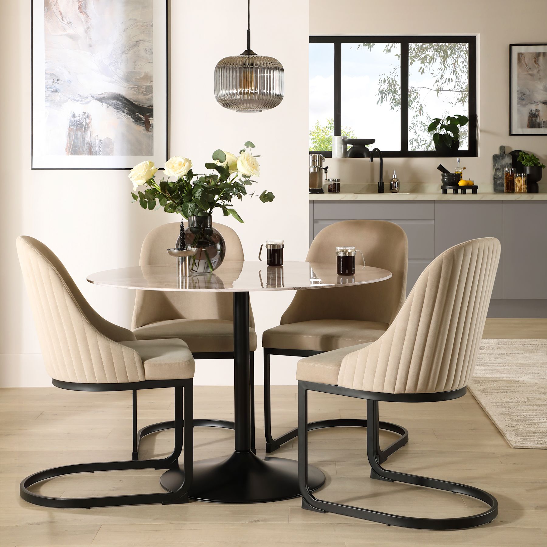 Orbit Round Dining Table & 4 Riva Chairs, Grey Marble Effect & Black ...