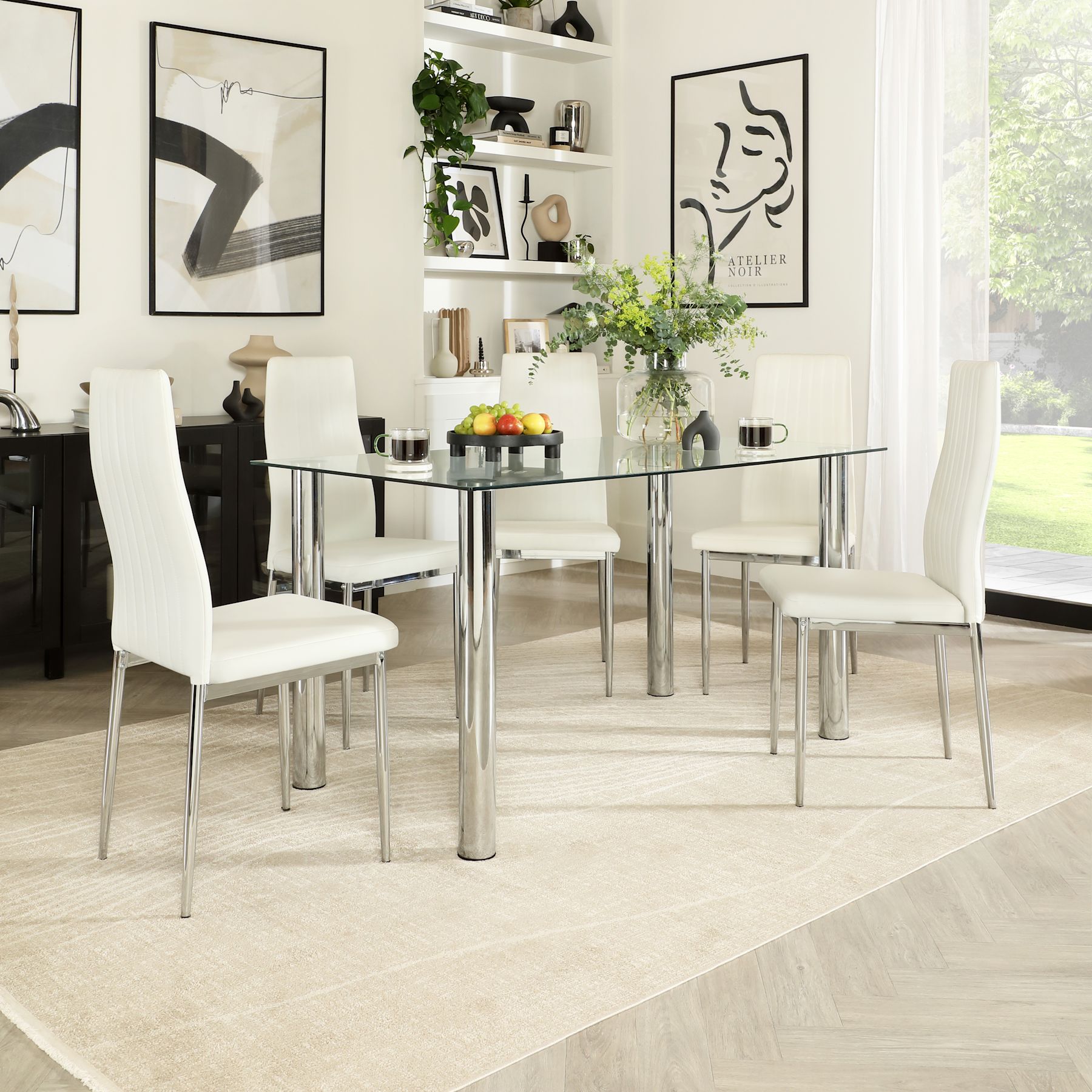 Lunar Dining Table & 4 Leon Chairs, Glass & Chrome, White Premium Faux ...