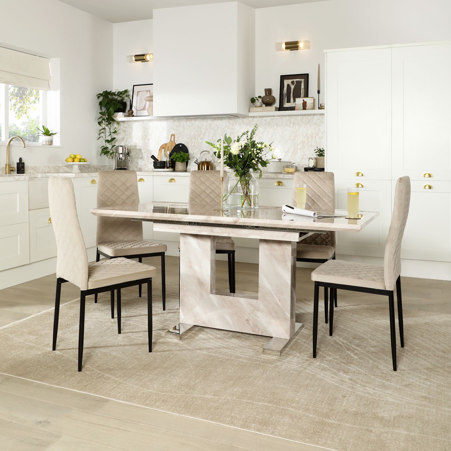 Florence Extending Dining Table & 6 Renzo Chairs, Beige Marble Effect ...