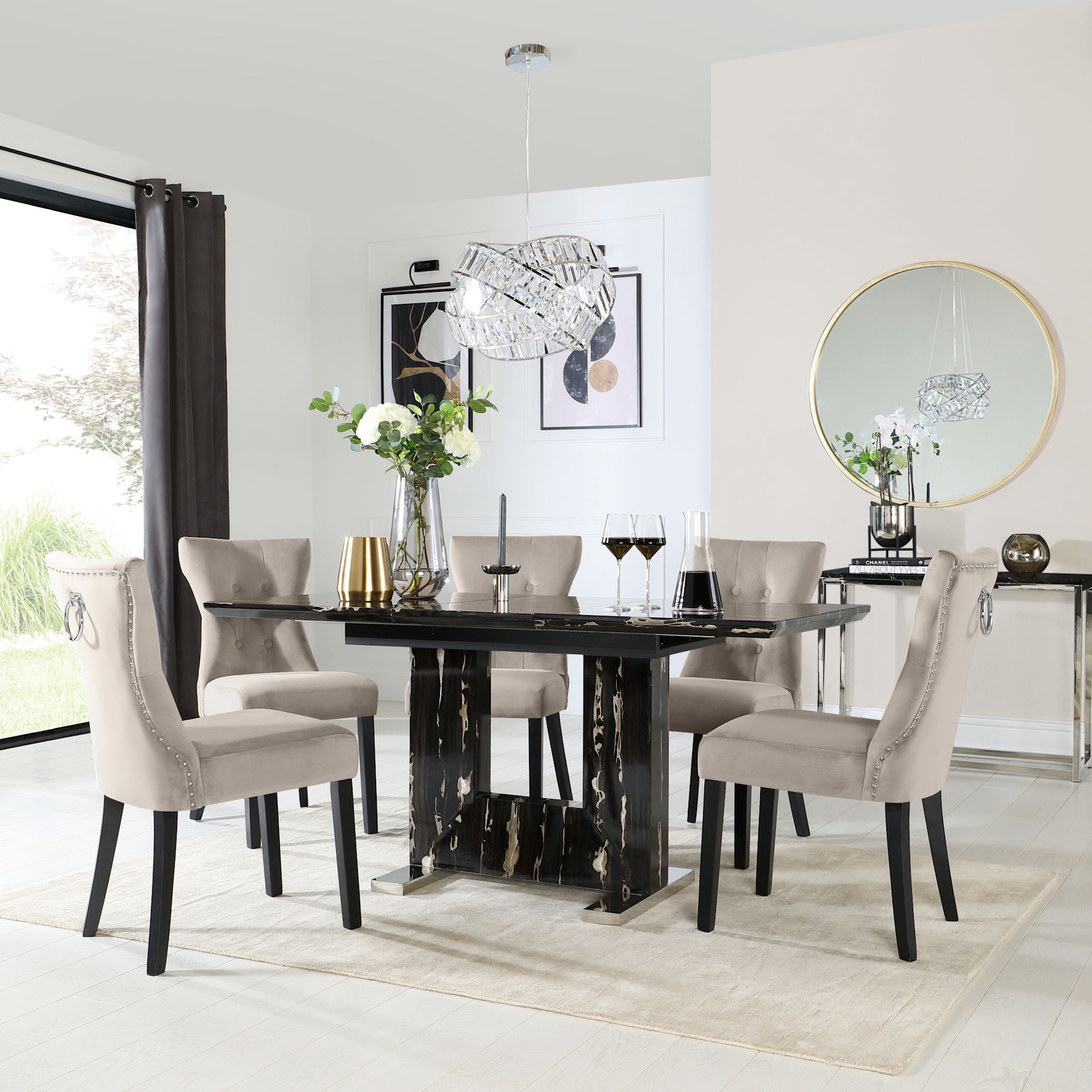 Florence Extending Dining Table & 4 Kensington Chairs, Black Marble ...