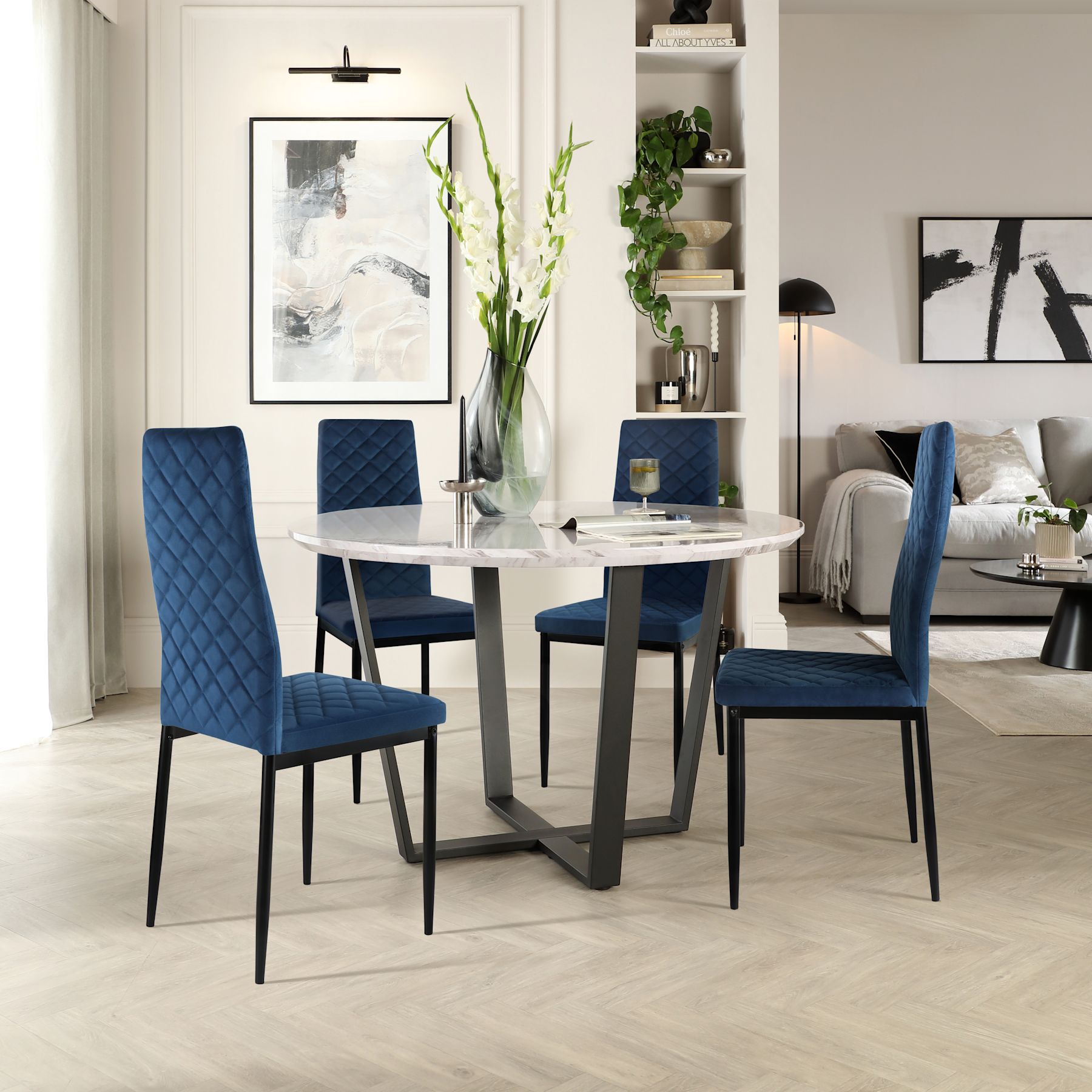 Traviso Round Dining Table & 4 Renzo Chairs, Grey Marble Effect & Black ...