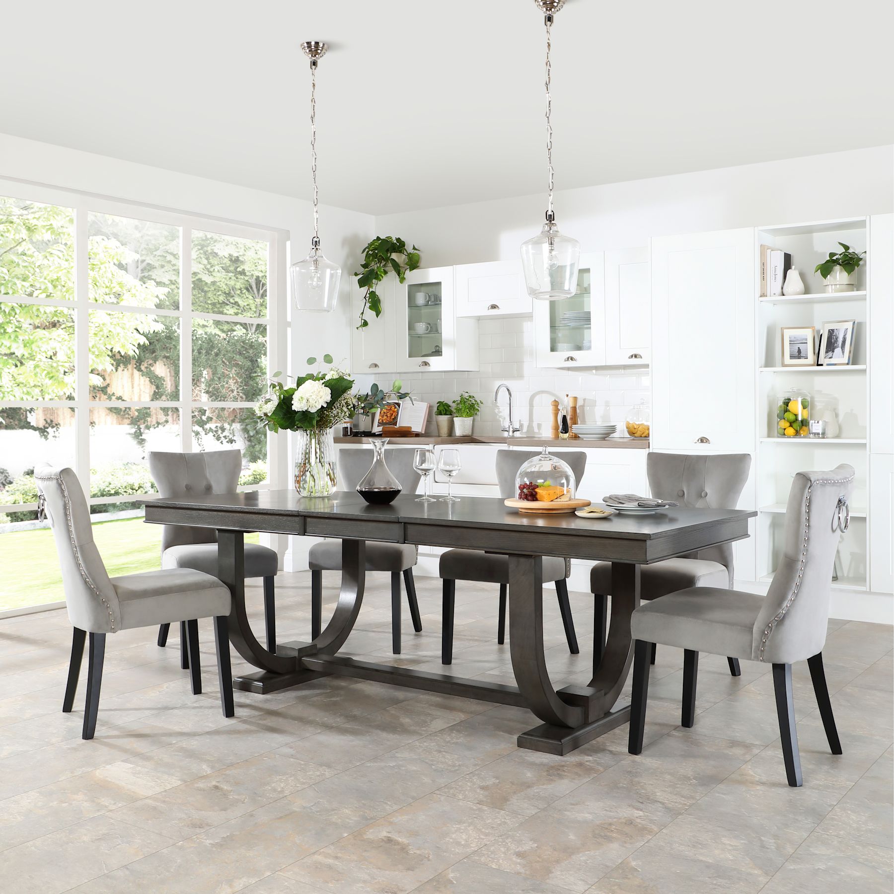 Pavilion Extending Dining Table & 4 Kensington Chairs, Grey Oak Veneer ...