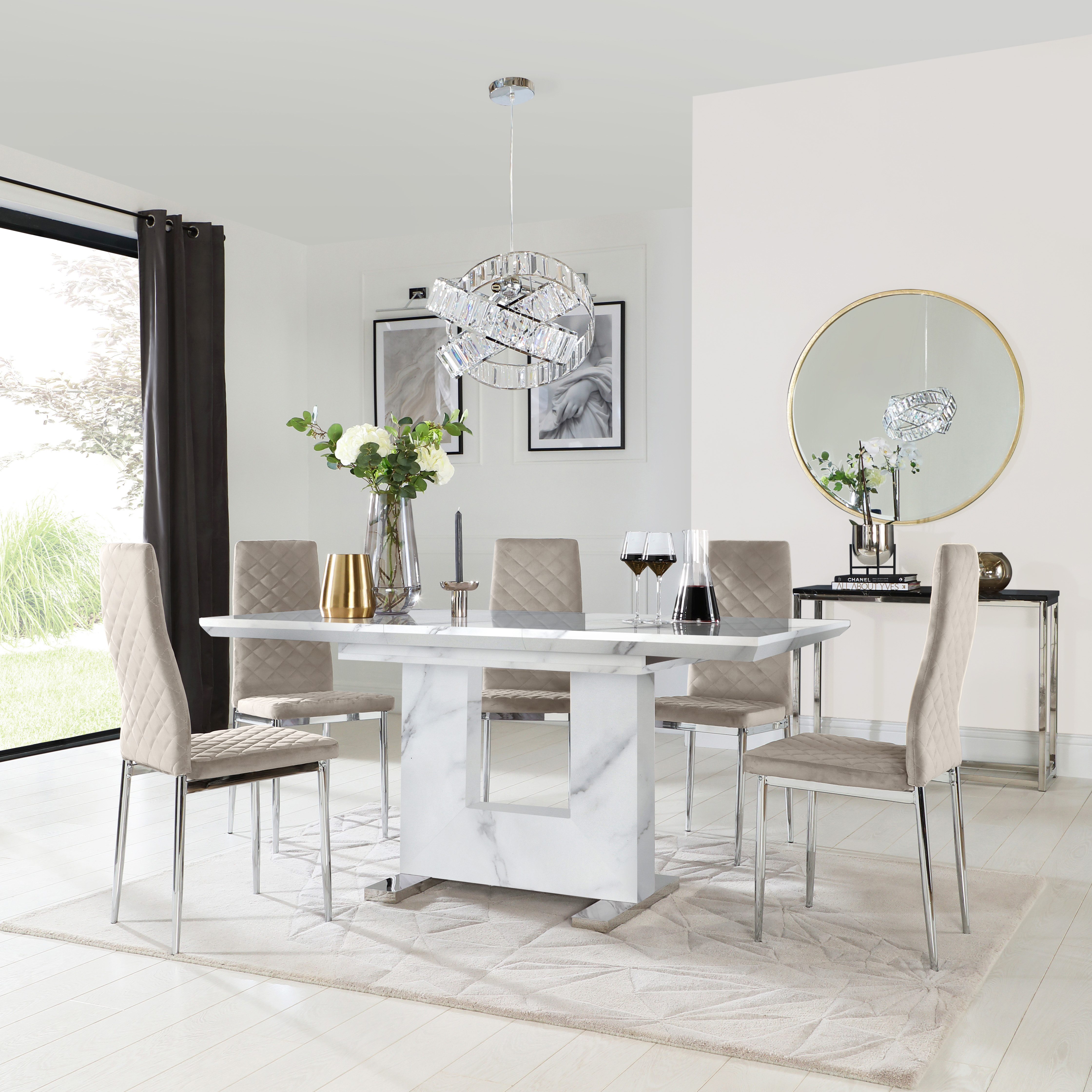 Florence Extending Dining Table & 4 Renzo Chairs, White Marble Effect ...