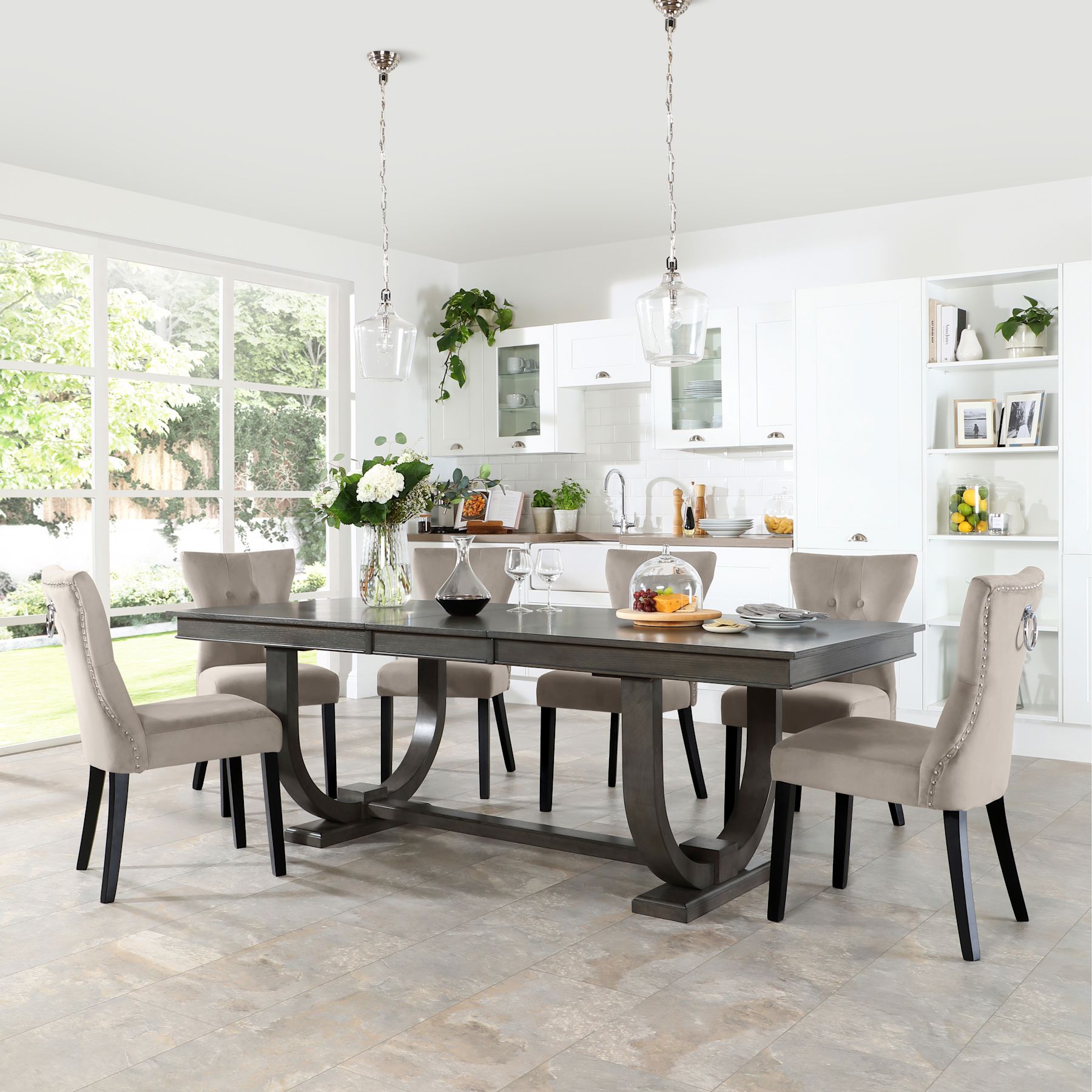 Pavilion Extending Dining Table & 6 Kensington Chairs, Grey Oak Veneer ...