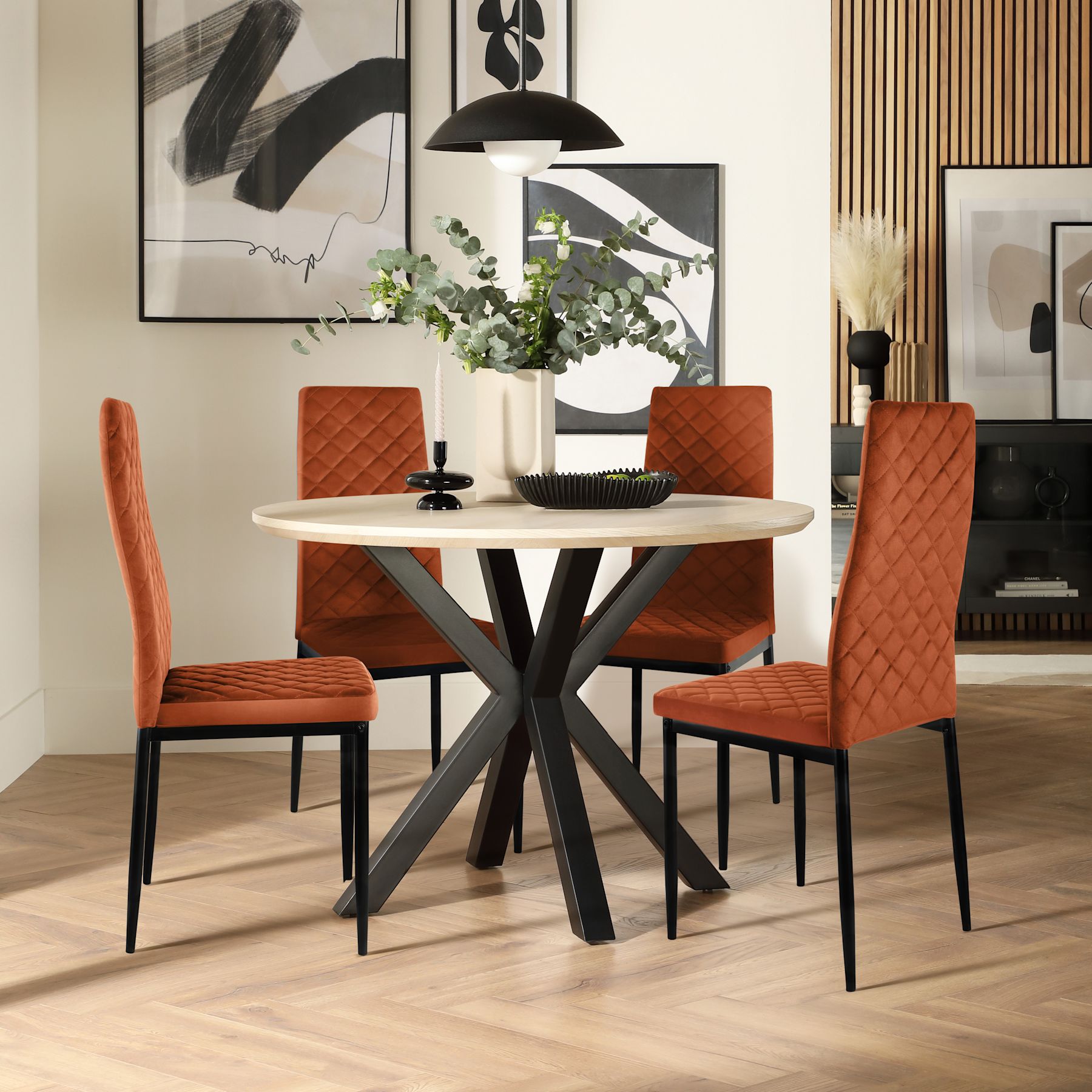 Newark Round Dining Table & 2 Renzo Chairs, Light Oak Effect & Black ...