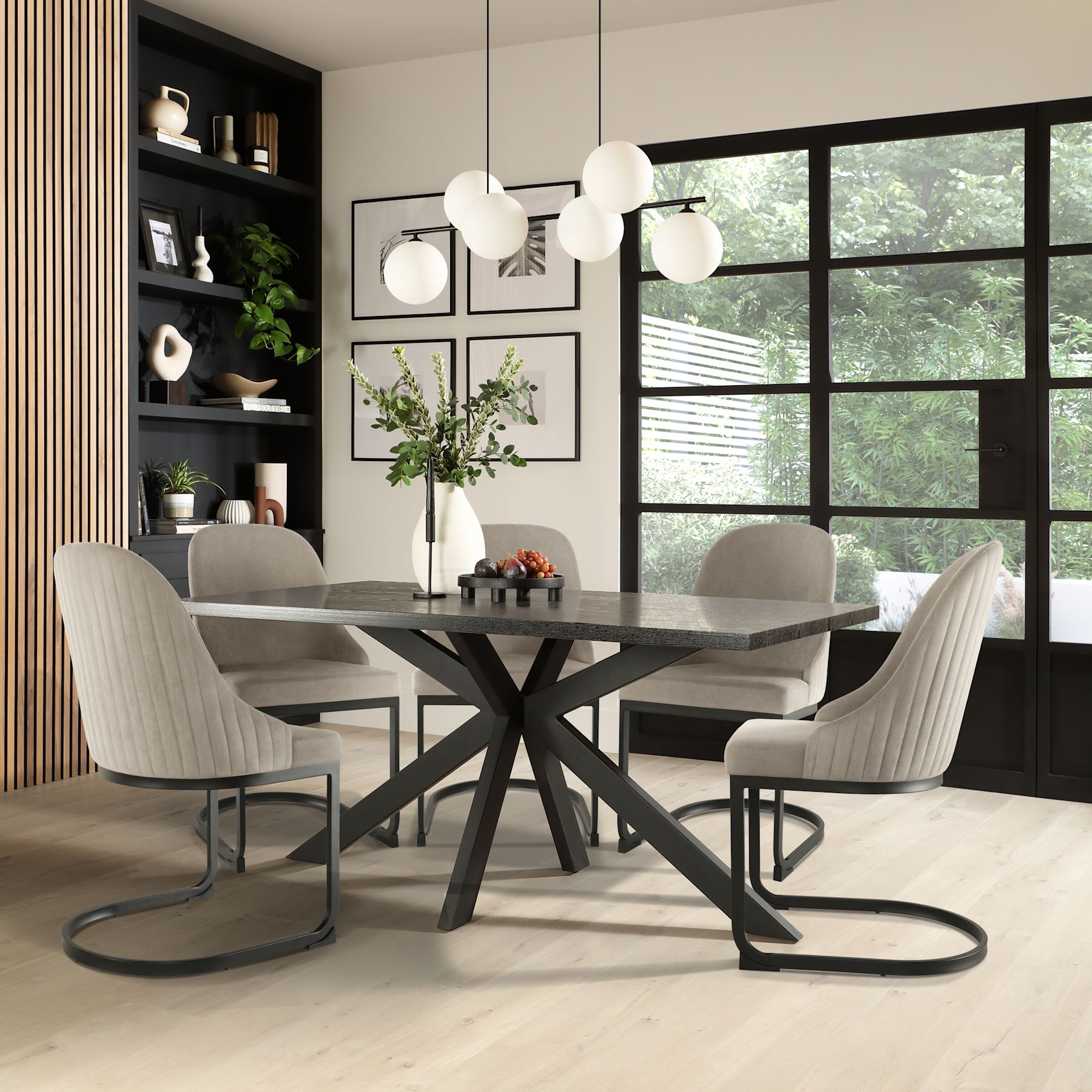 Madison Dining Table & 4 Riva Chairs, Black Oak Effect & Black Steel, Grey Classic Velvet, 160cm ...
