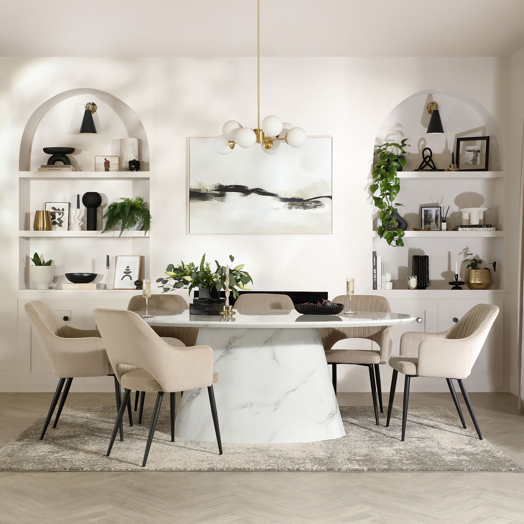 Accorto Oval Dining Table & 8 Clara Chairs, White Marble Effect, Champagne Classic Velvet ...