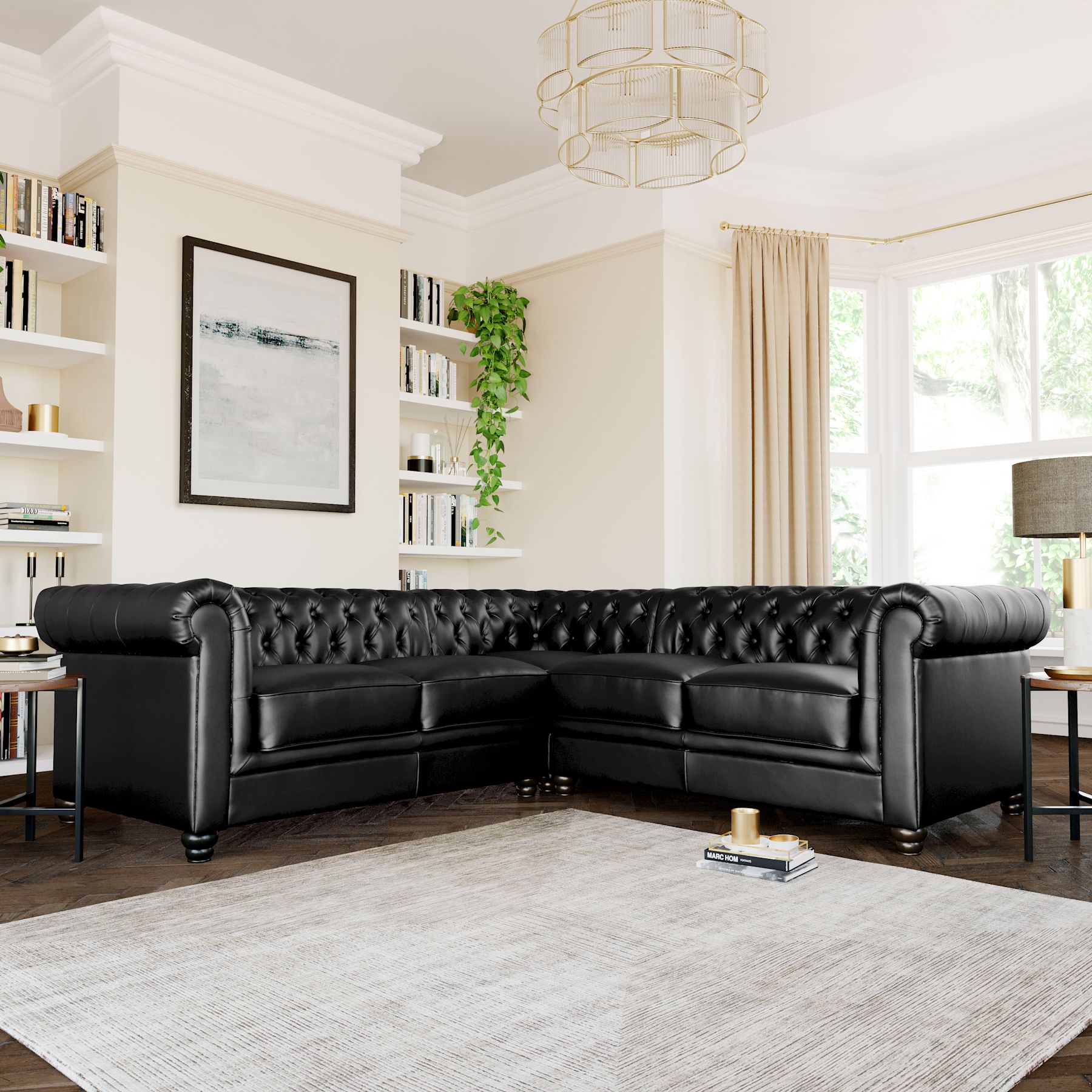 Hampton Chesterfield Corner Sofa, Black Premium Faux Leather Only £ ...