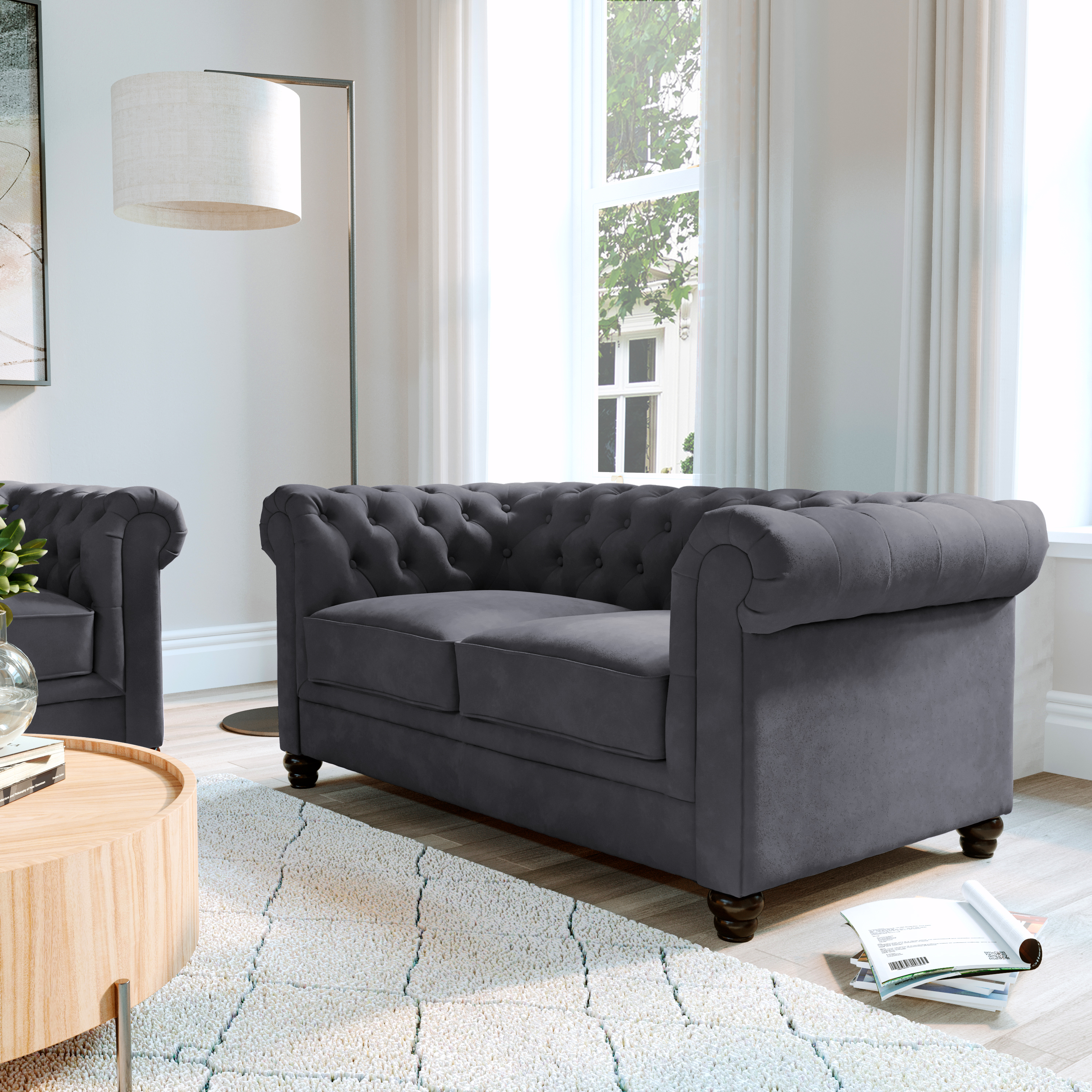 Hampton 2 Seater Chesterfield Sofa, Slate Grey Classic Plush Fabric ...