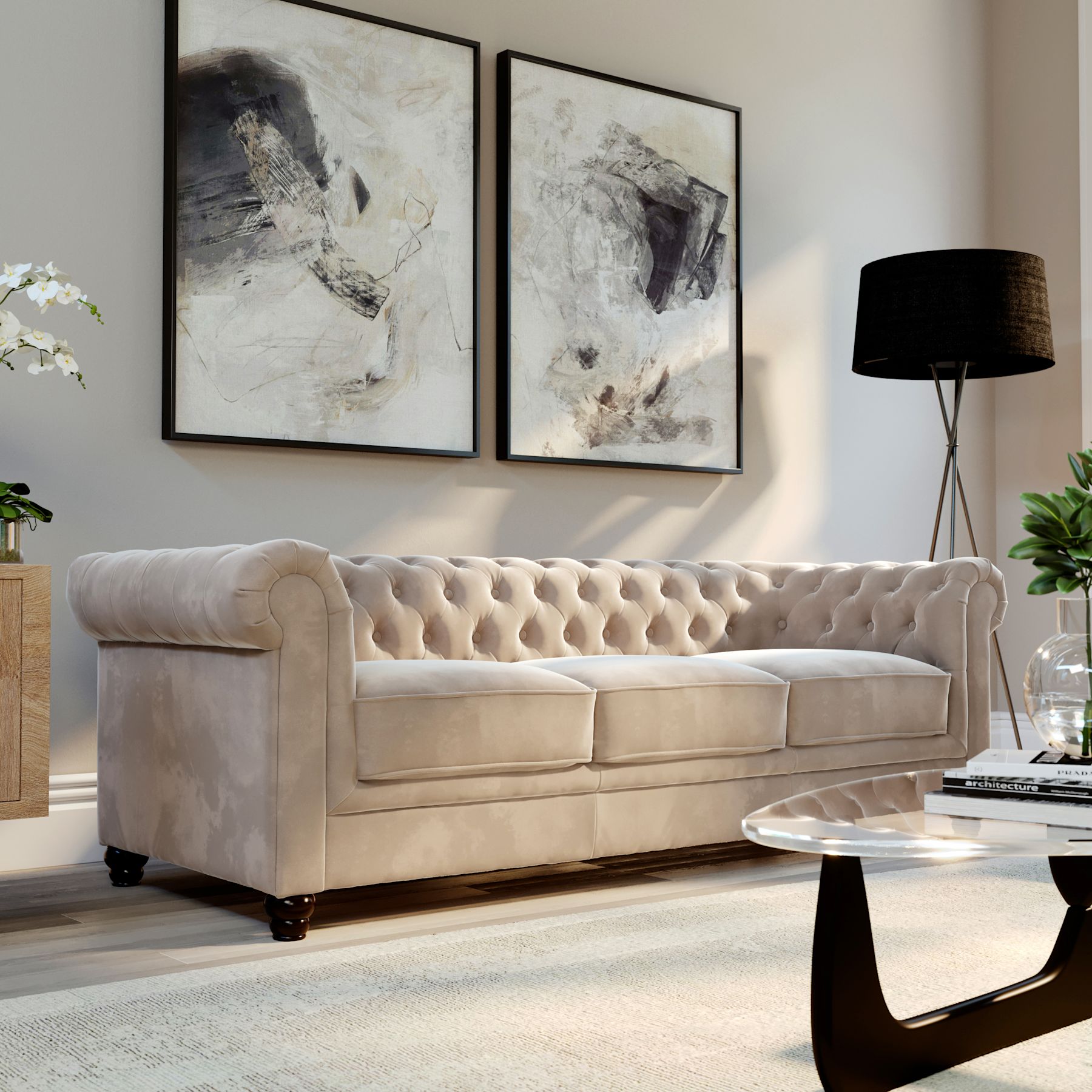 Hampton 3 Seater Chesterfield Sofa, Champagne Classic Velvet Only £749. ...