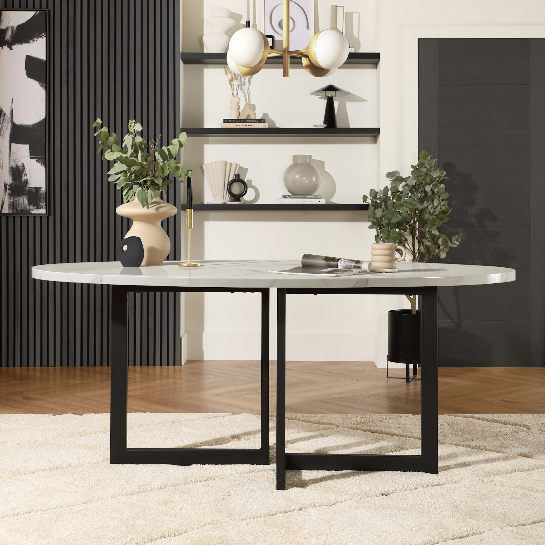 Newbury Oval Dining Table & 6 Ricco Chairs, White Marble Effect & Black ...