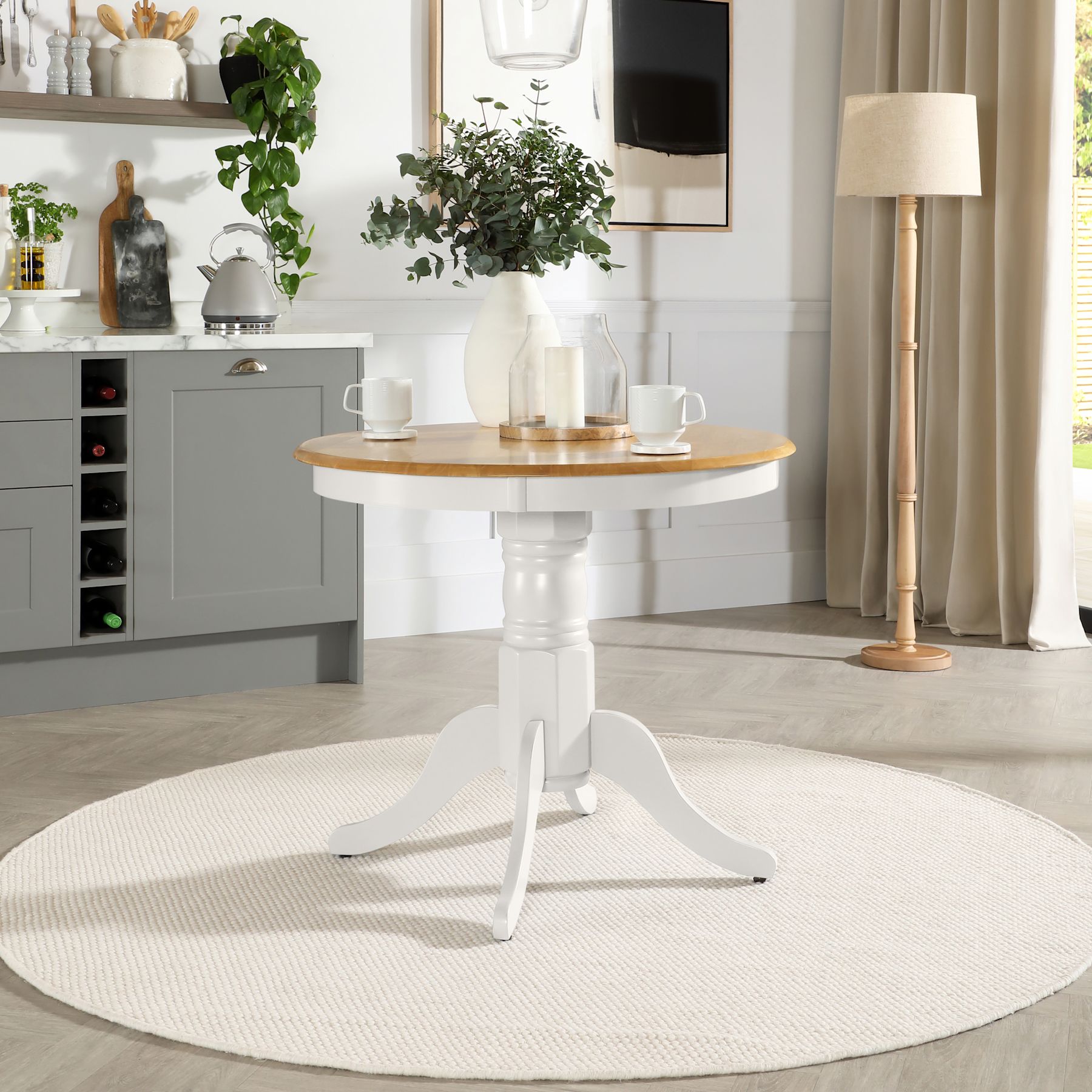 Kingston Round Dining Table, 90cm, Natural Oak Finish & White Solid ...