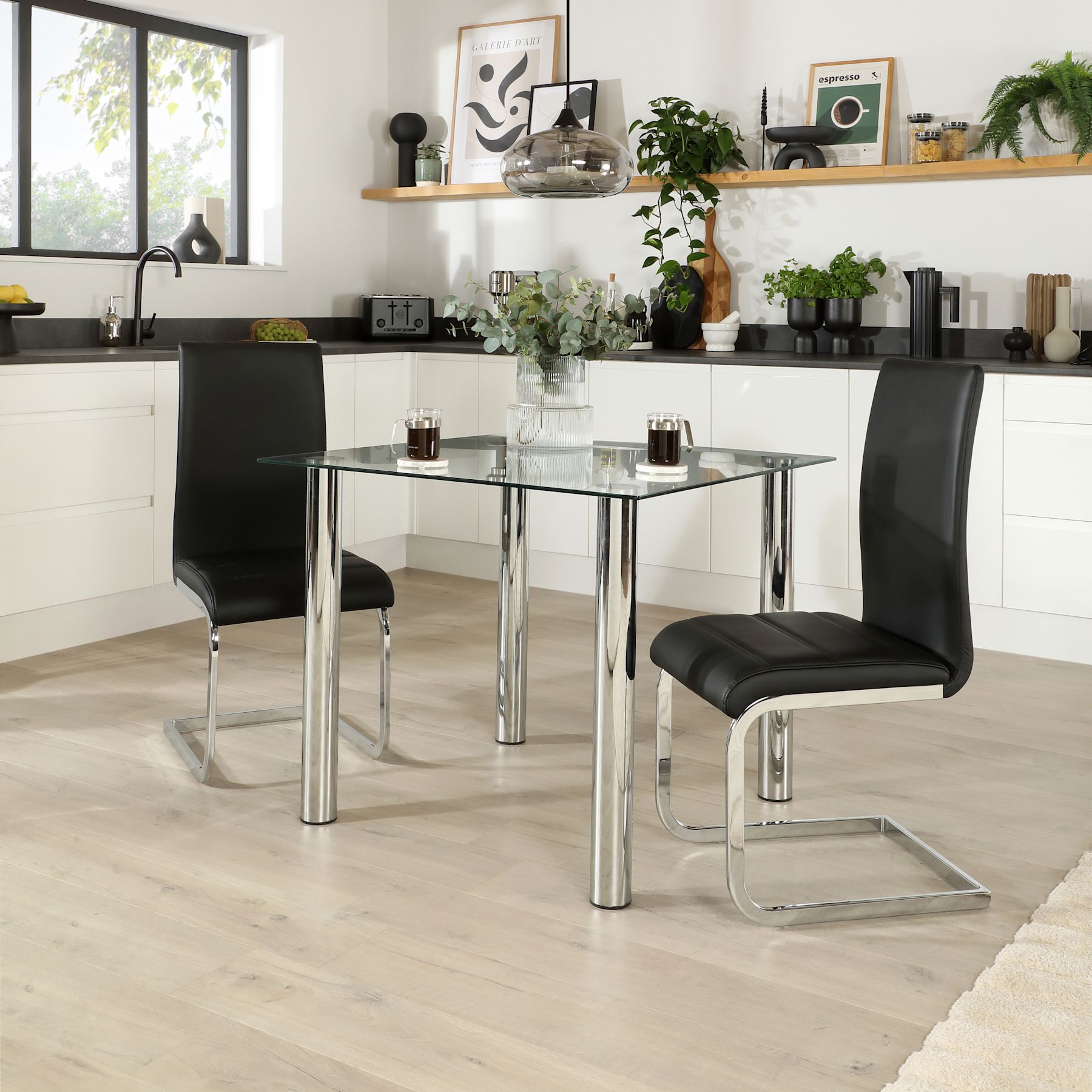 Nova Square Dining Table & 2 Perth Chairs, Glass & Chrome, Black ...