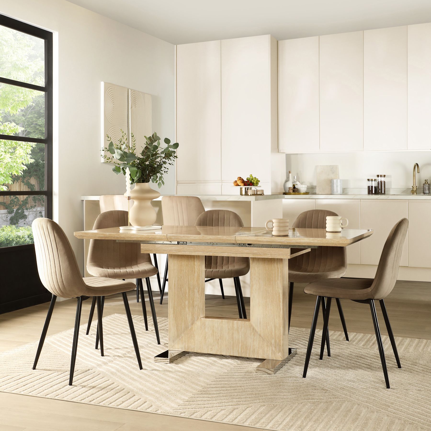 Florence Extending Dining Table & 6 Brooklyn Chairs, Travertine Stone ...