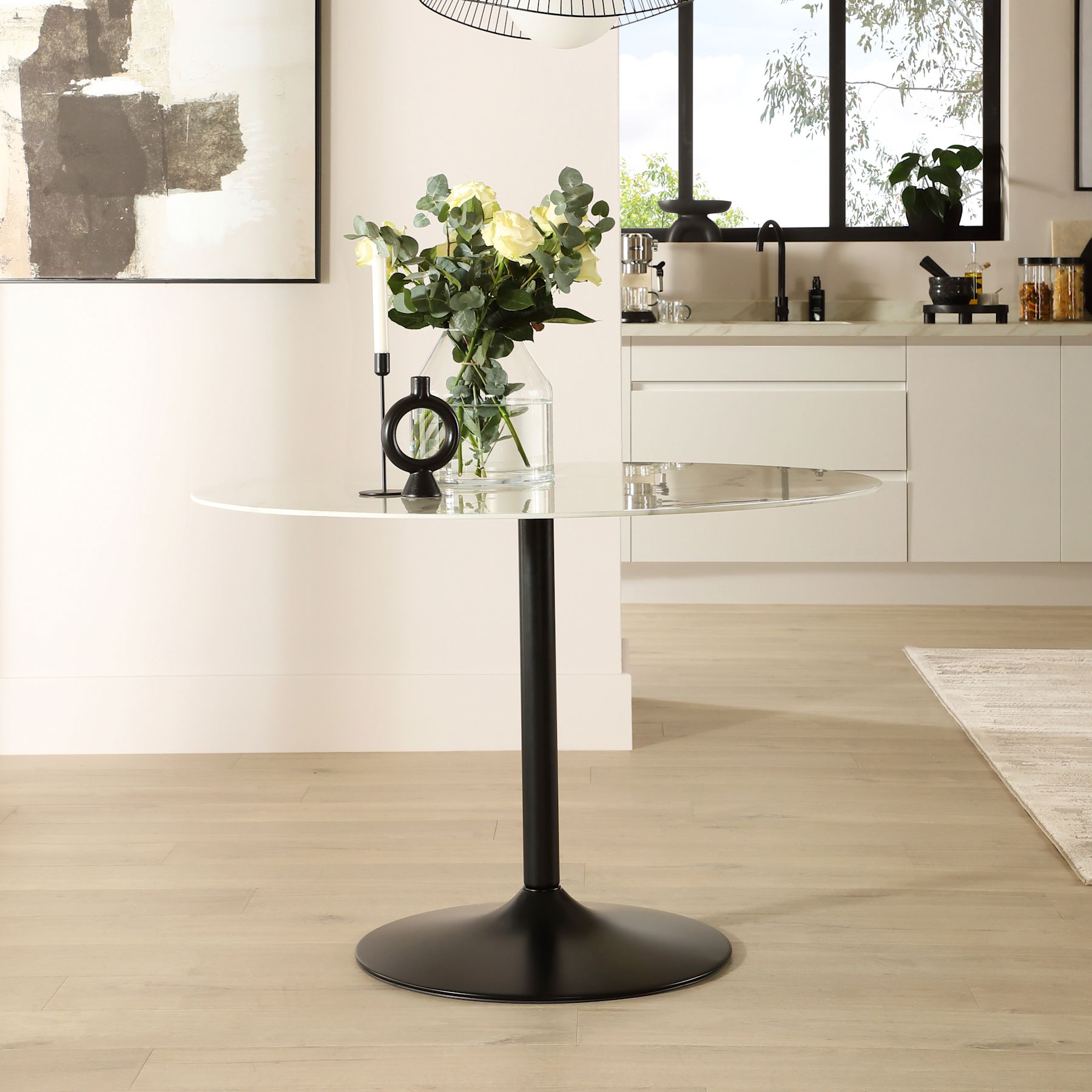 Orbit Round Dining Table, 110cm, White Marble Effect & Black Steel Only ...