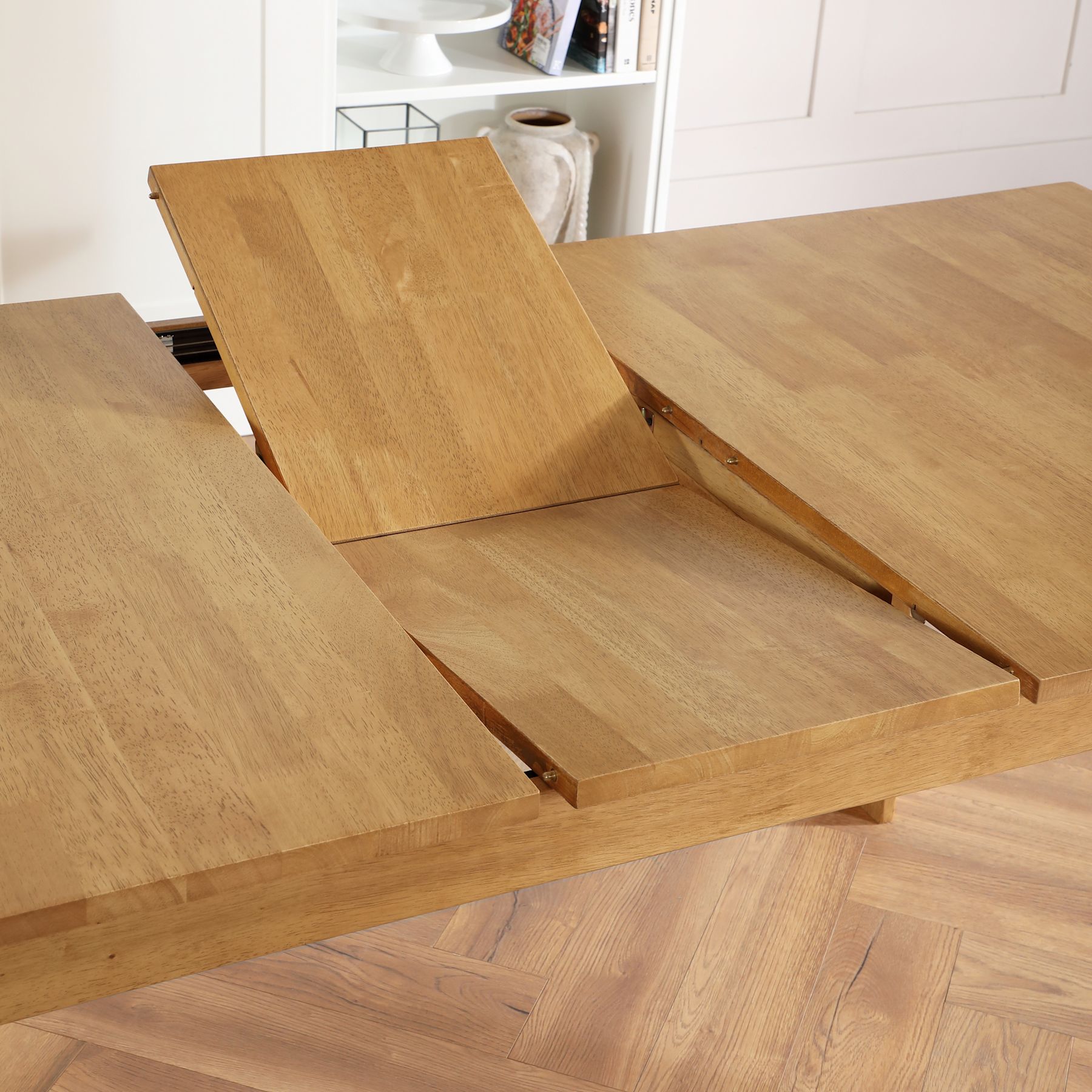 Bali Extending Dining Table & 6 Bali Chairs, Natural Oak Finished Solid Hardwood, Ivory Classic ...