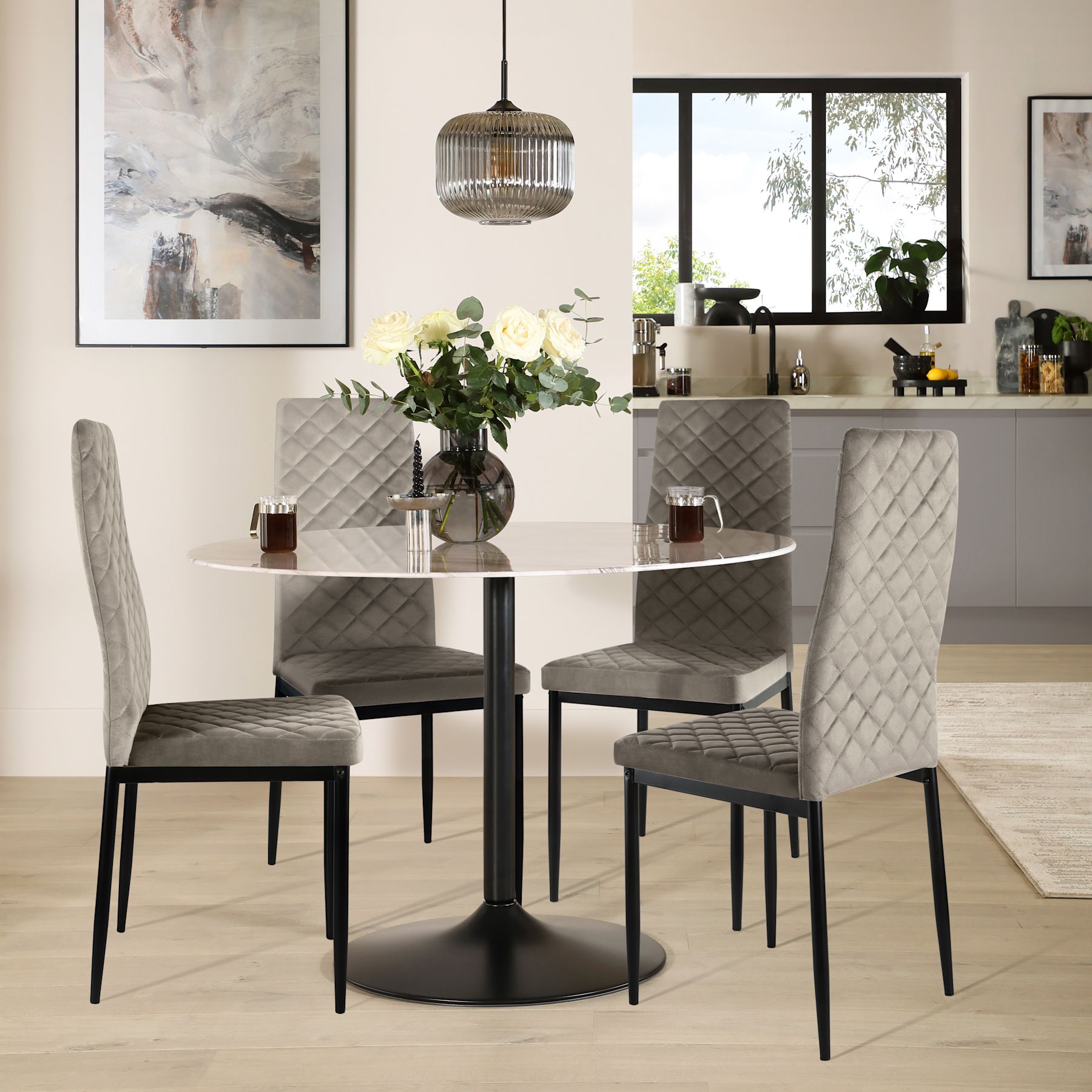 Orbit Round Dining Table & 4 Renzo Chairs, Grey Marble Effect & Black ...