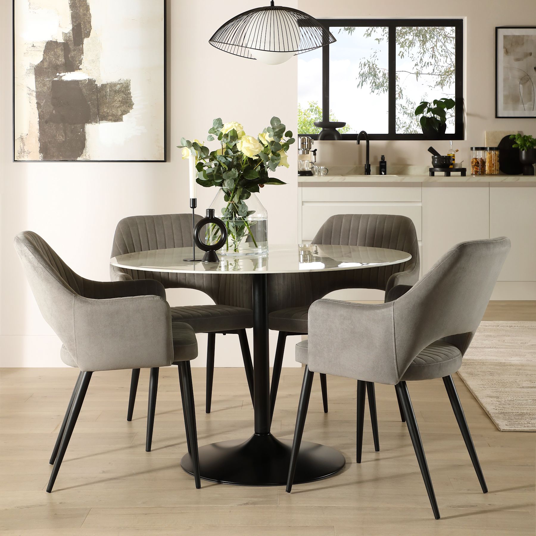 Orbit Round Dining Table & 4 Clara Chairs, White Marble Effect & Black ...