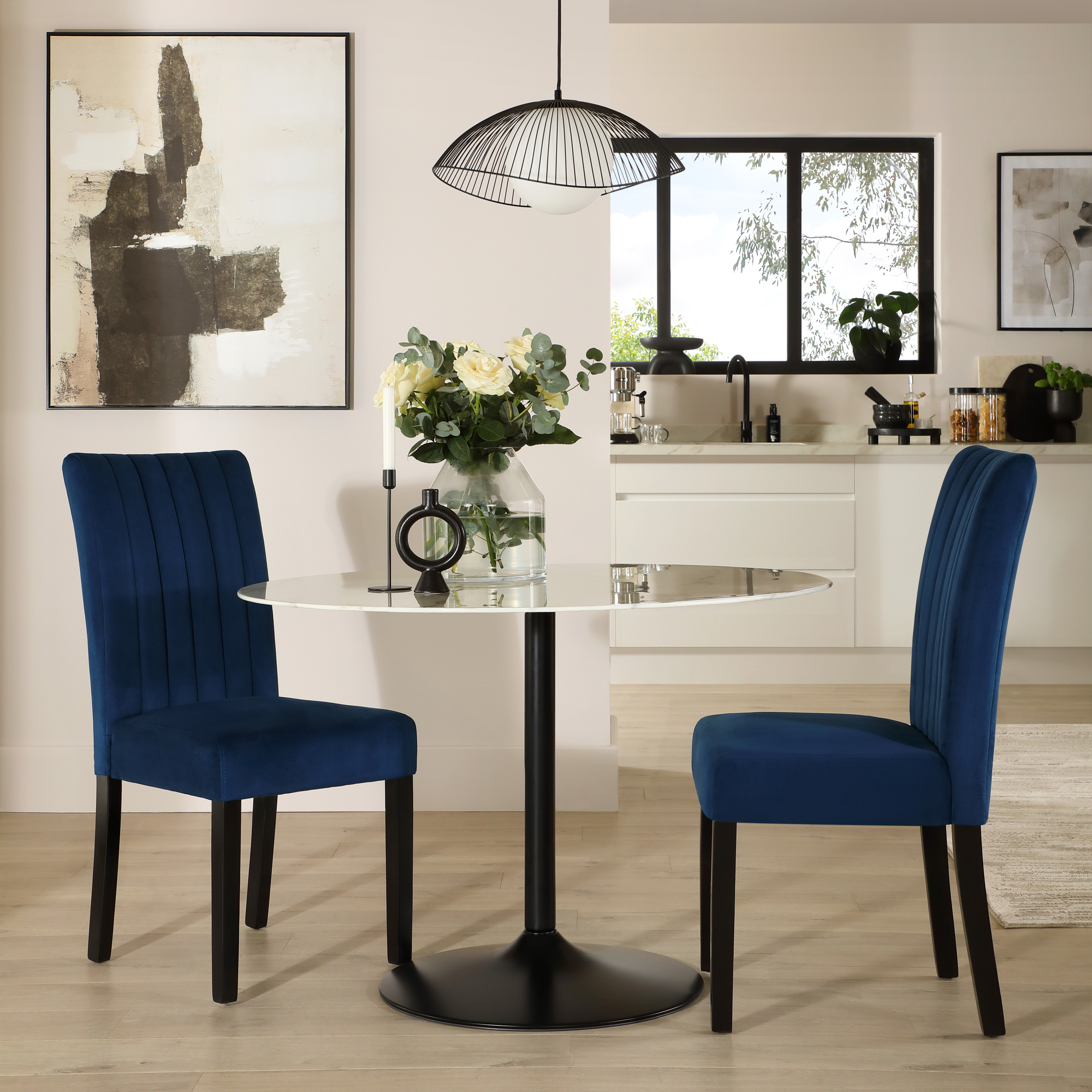 Orbit Round Dining Table & 2 Salisbury Chairs, White Marble Effect ...