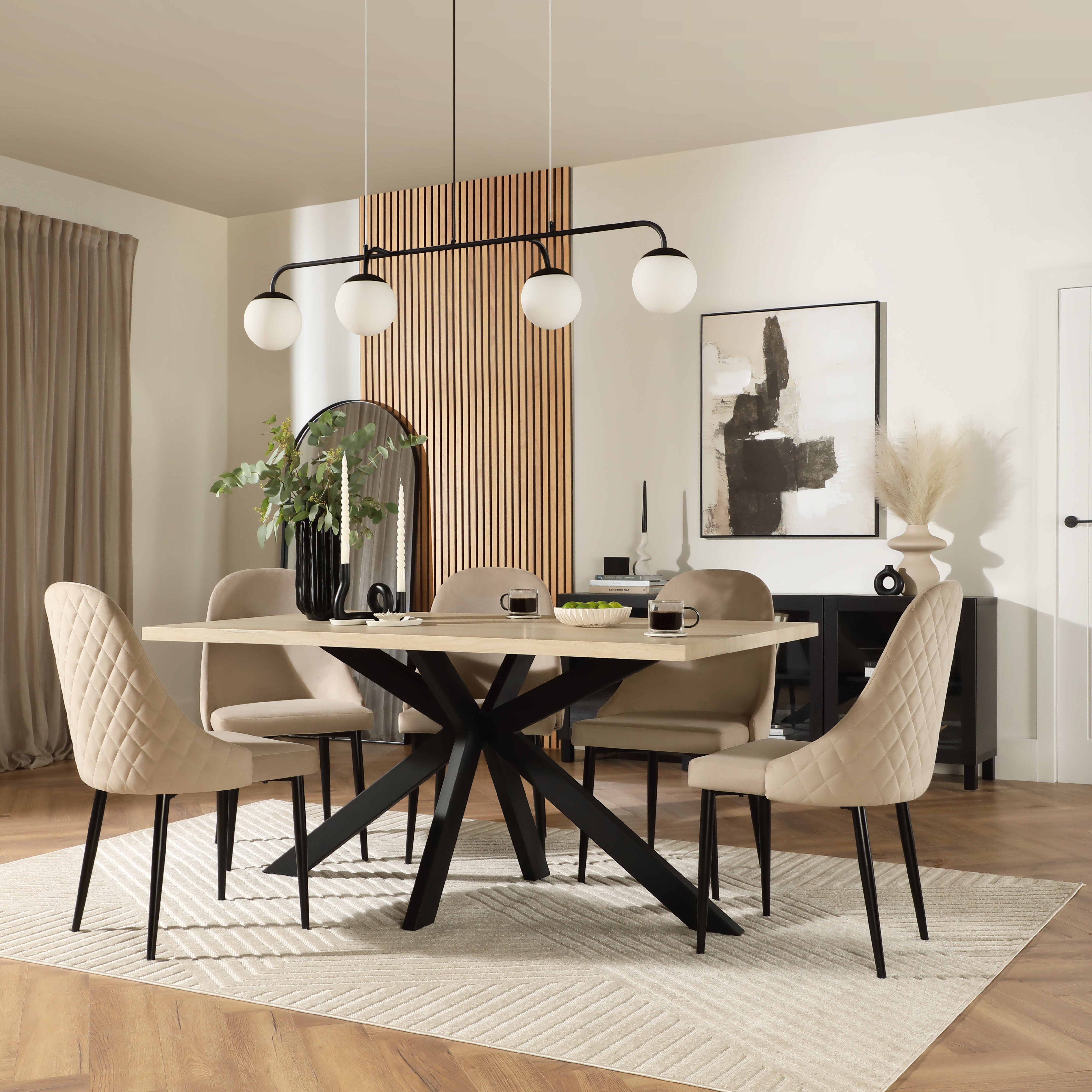 Madison Dining Table & 6 Ricco Chairs, Light Oak Effect & Black Steel ...