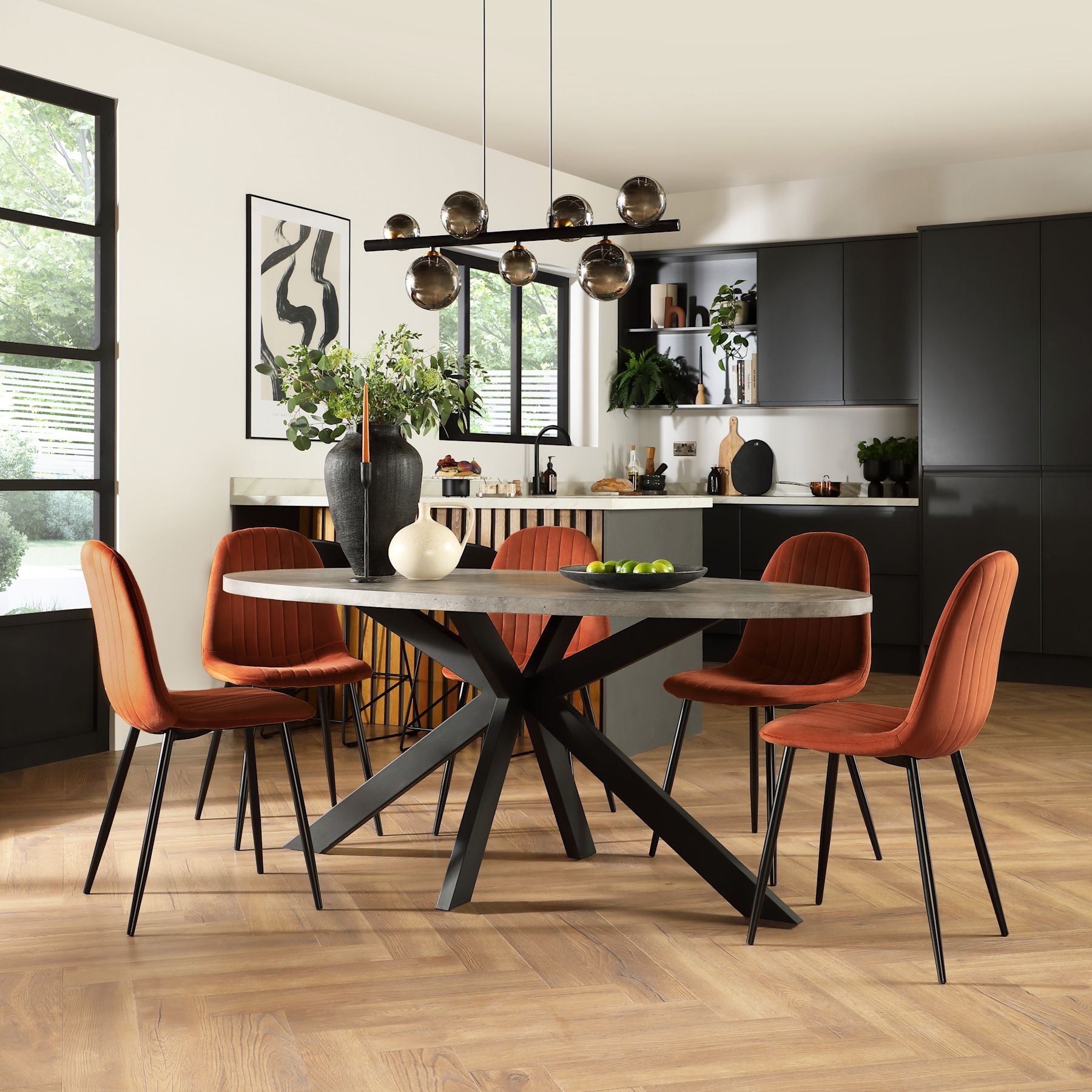 Madison Oval Industrial Dining Table & 6 Brooklyn Chairs, Grey Concrete ...