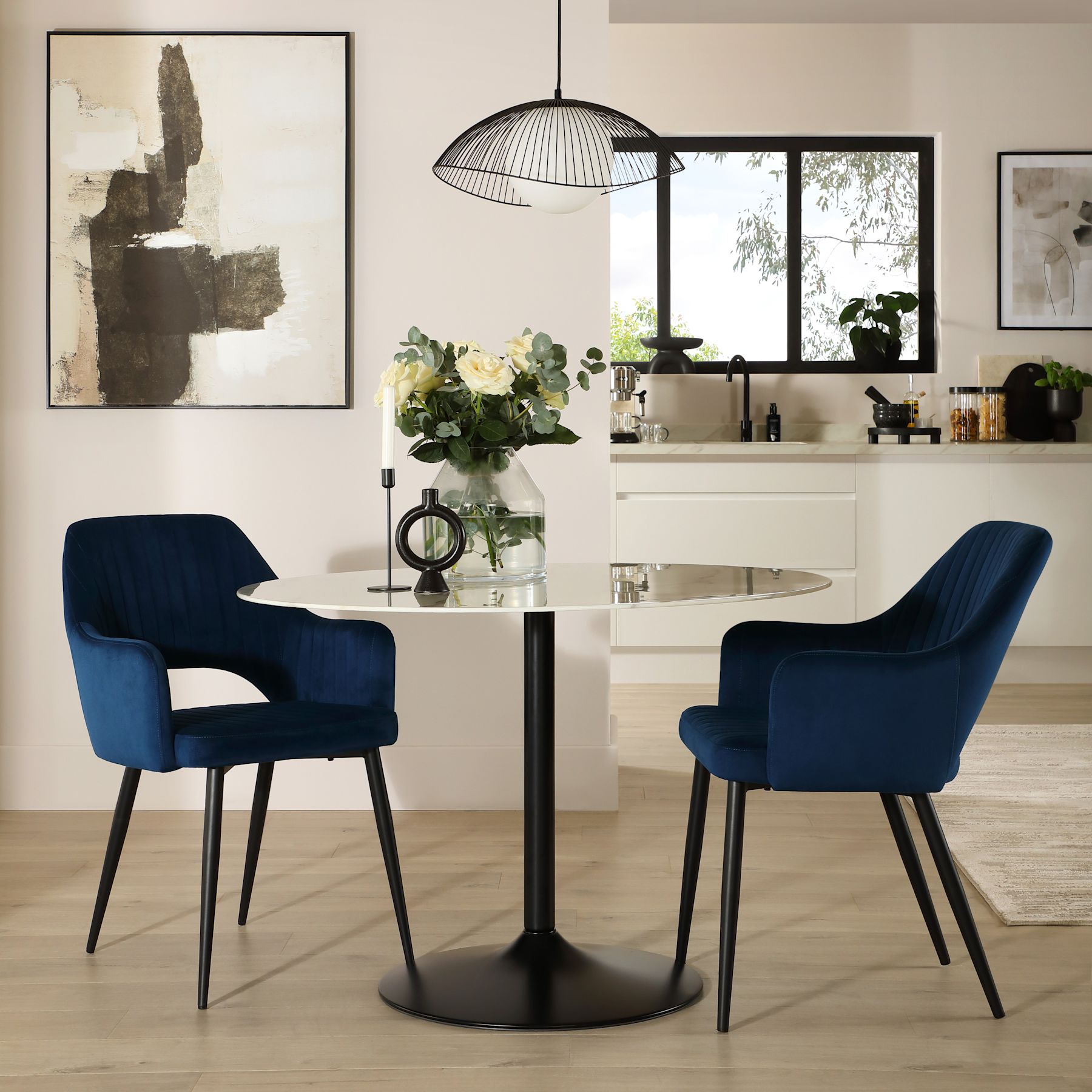Orbit Round Dining Table & 2 Clara Chairs, White Marble Effect & Black ...