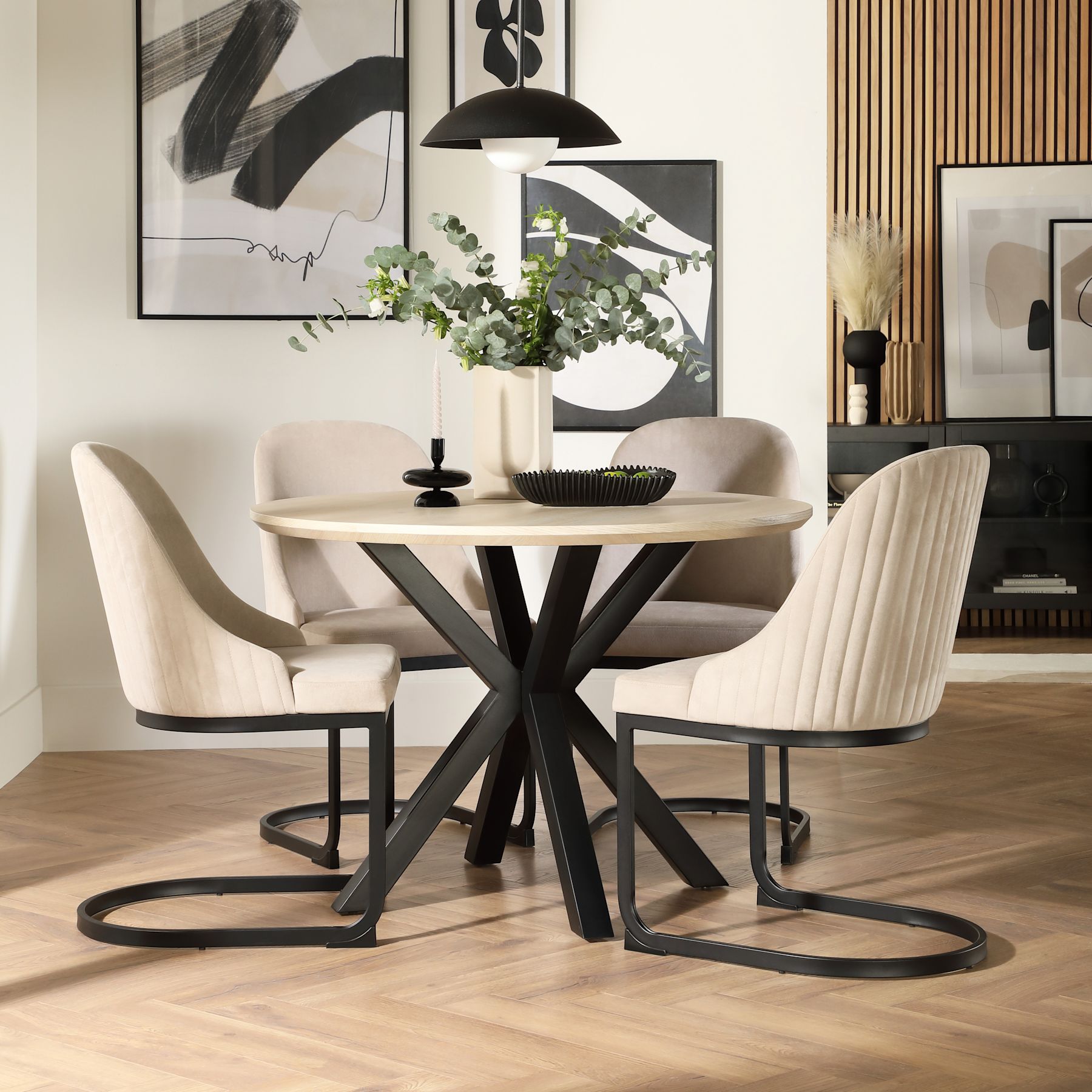 Newark Round Dining Table & 4 Riva Chairs, Light Oak Effect & Black ...