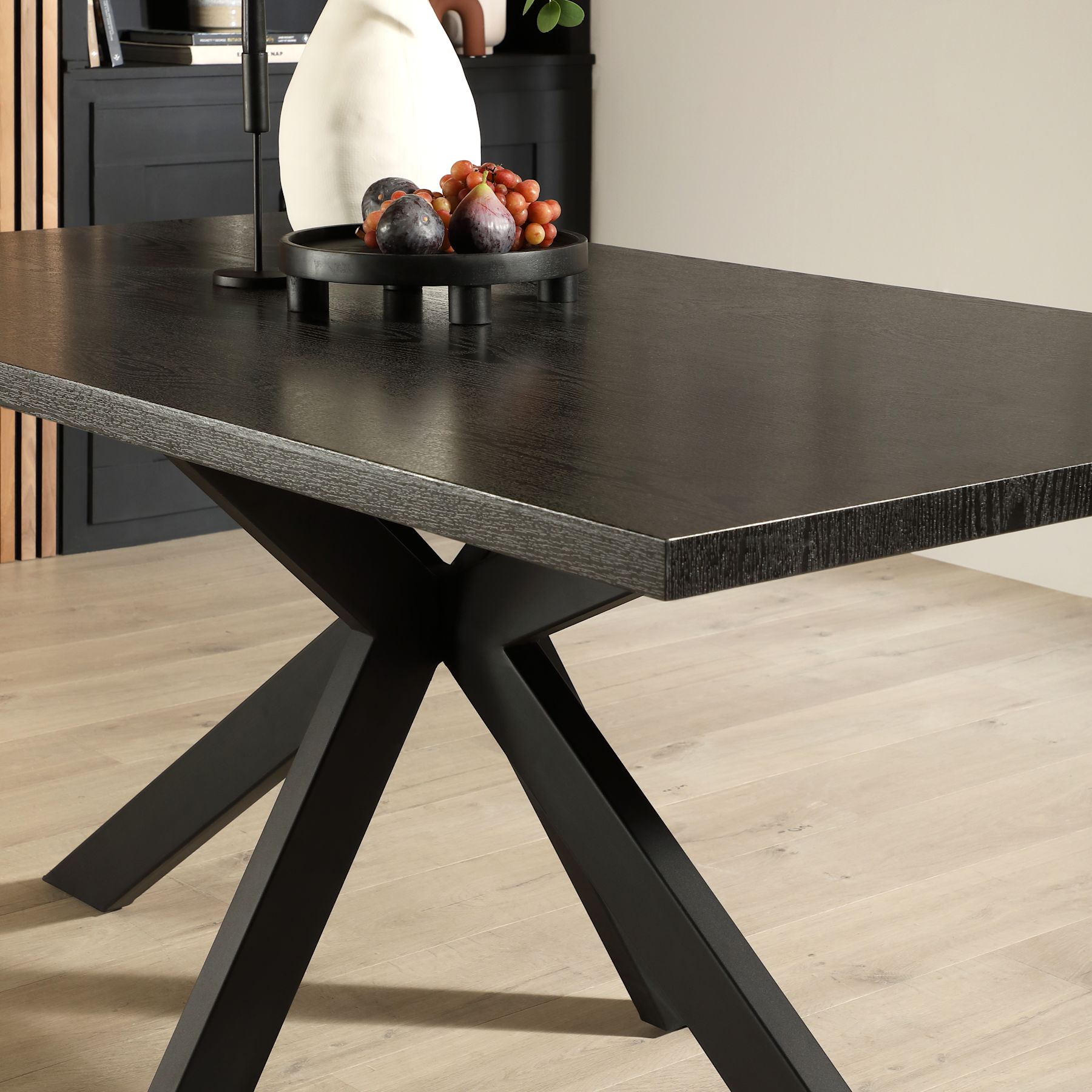 Madison Dining Table & 6 Riva Chairs, Black Oak Effect & Black Steel ...