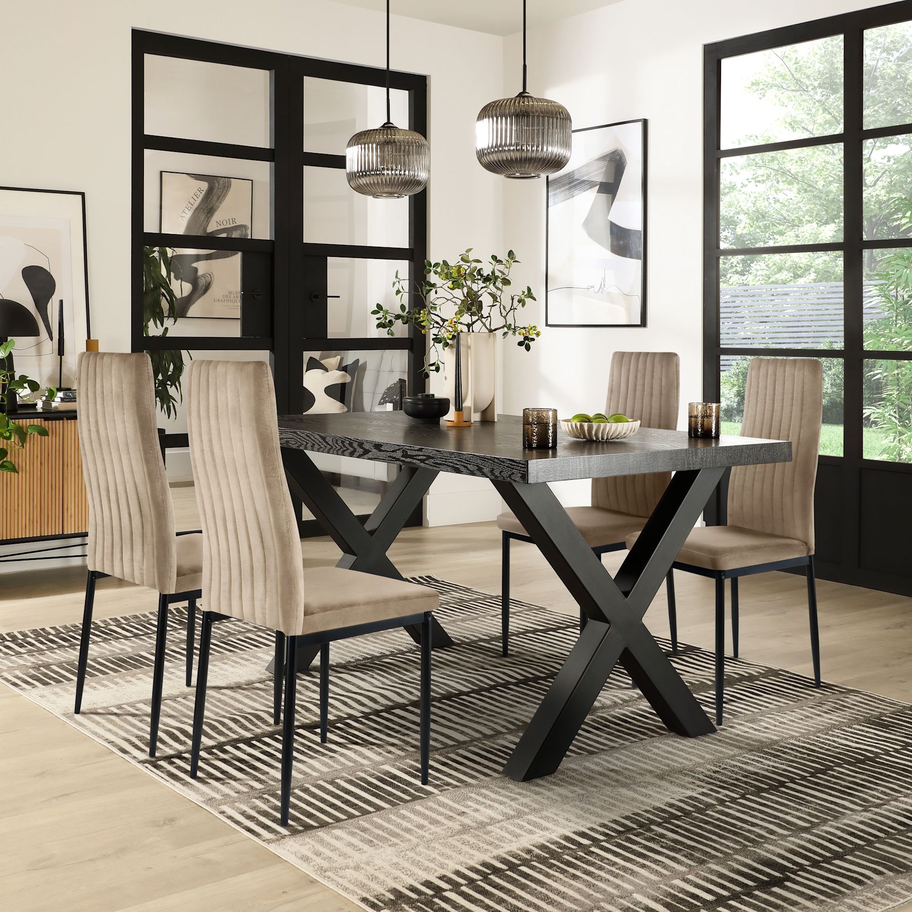 Franklin Dining Table & 4 Leon Chairs, Black Oak Effect & Black Steel ...