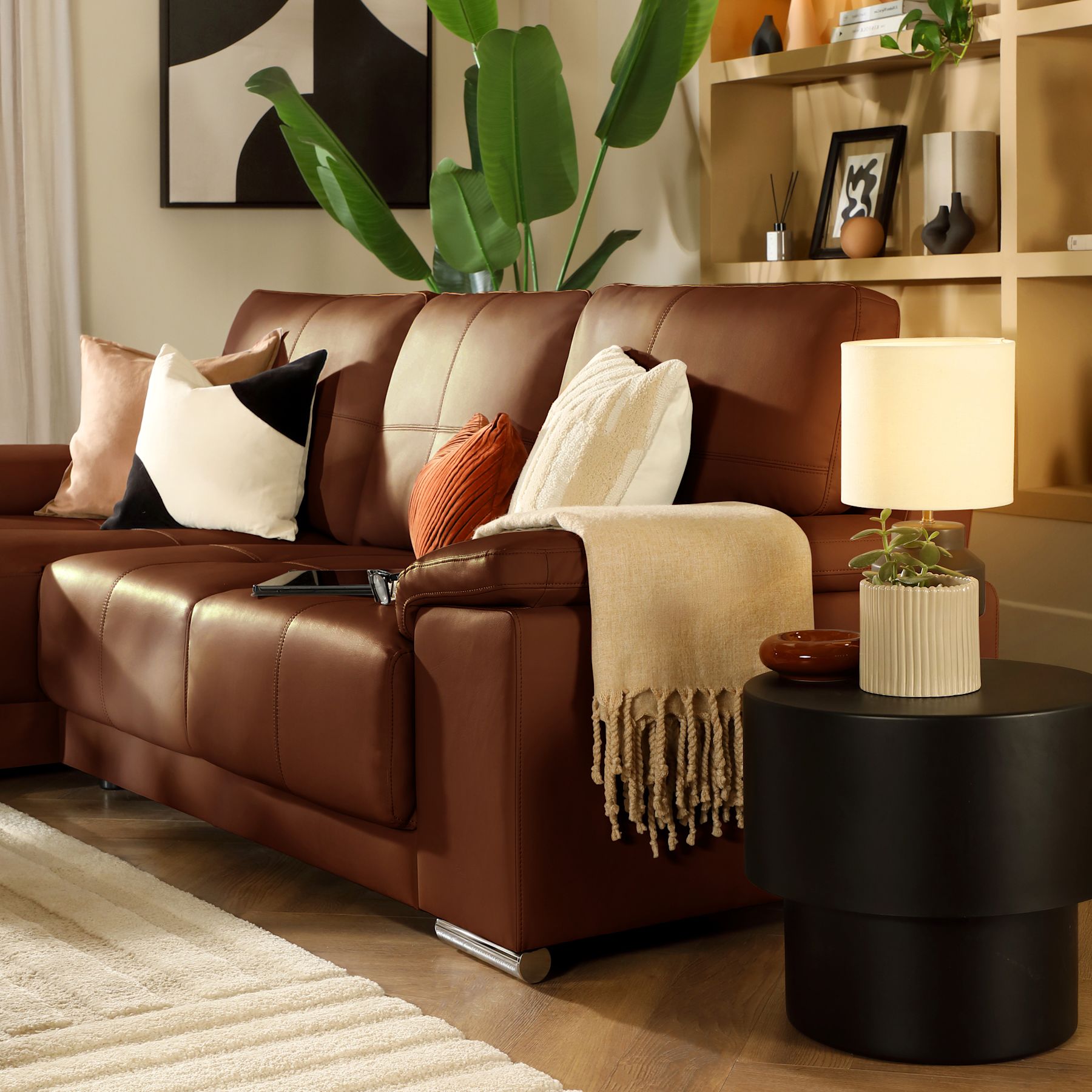 Kansas L-shape Corner Sofa, Left-hand Facing, Tan Premium Faux Leather ...