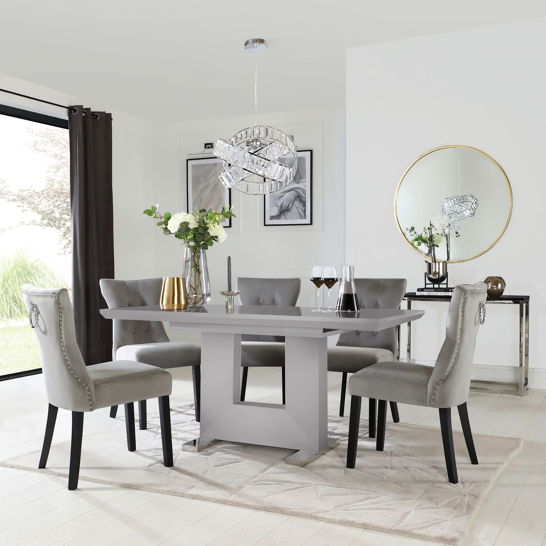 Florence Extending Dining Table & 4 Kensington Chairs, Grey High Gloss, Grey Classic Velvet ...