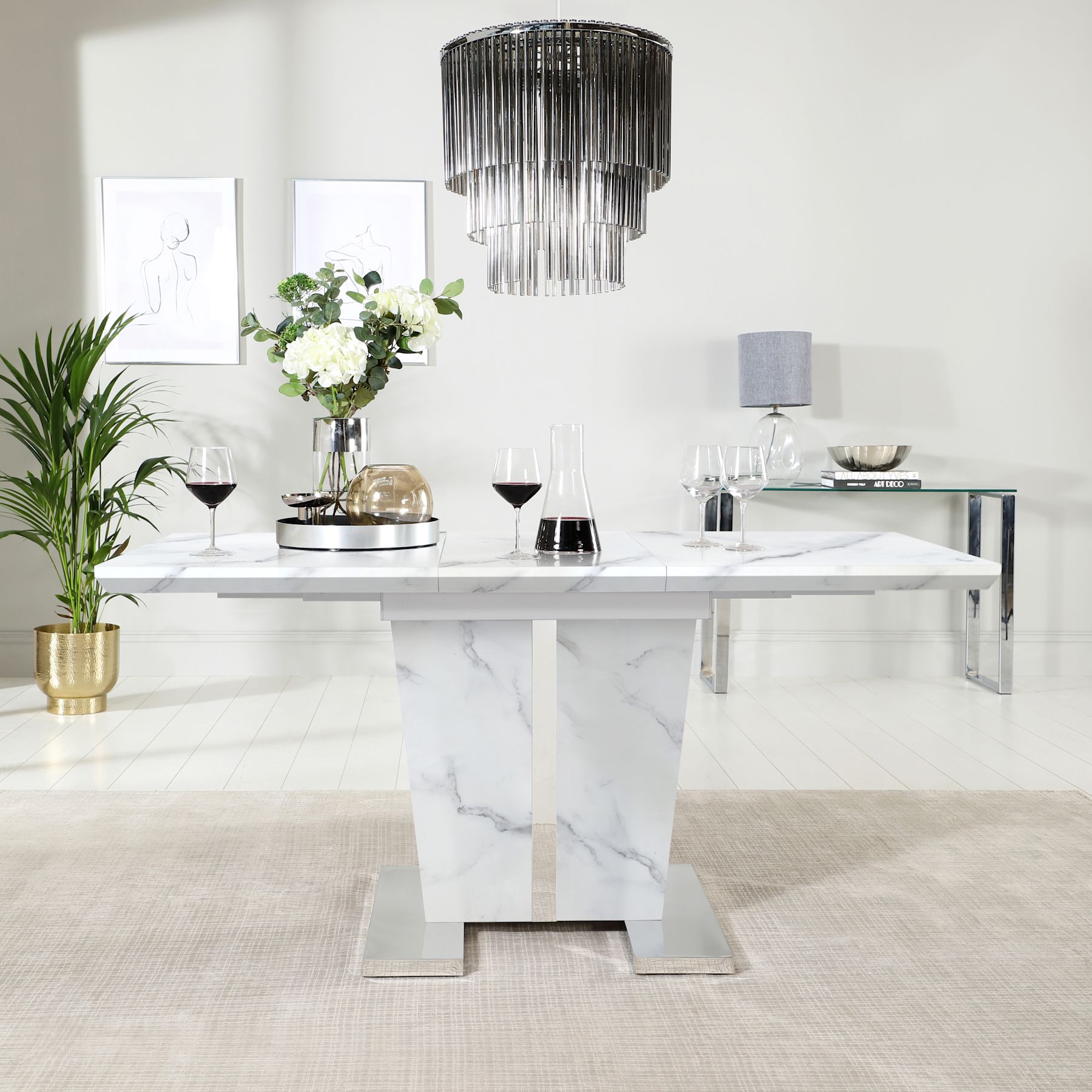 Vienna Extending Dining Table & 4 Riva Chairs, White Marble Effect ...