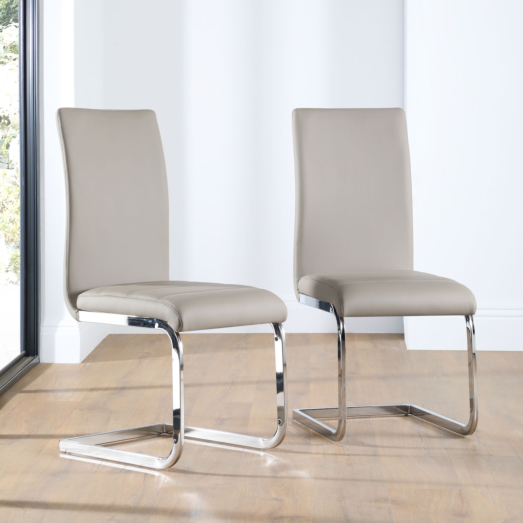 Perth Dining Chair, Stone Grey Premium Faux Leather & Chrome Only £69. ...