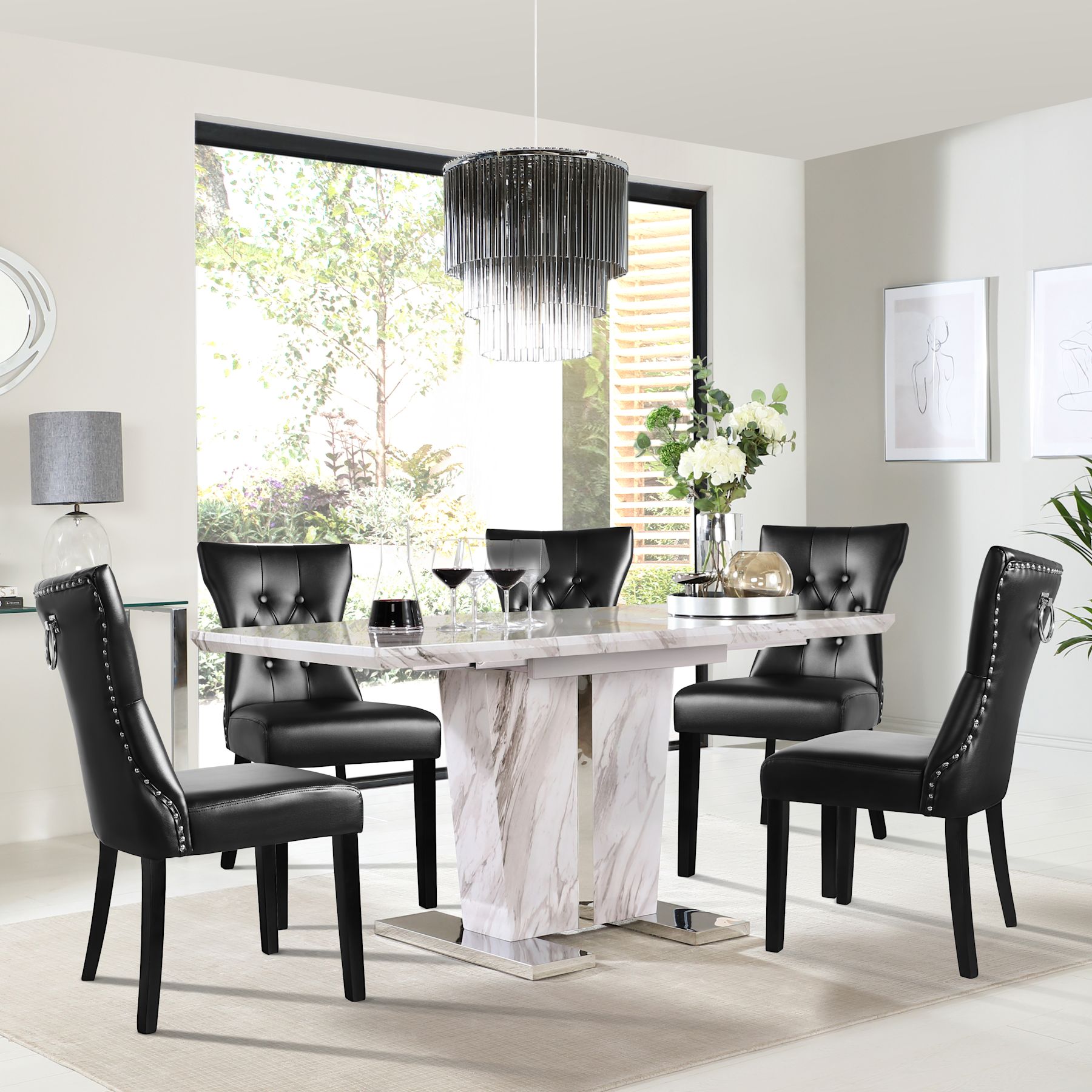 Vienna Extending Dining Table & 6 Kensington Chairs, Grey Marble Effect, Black Premium Faux ...