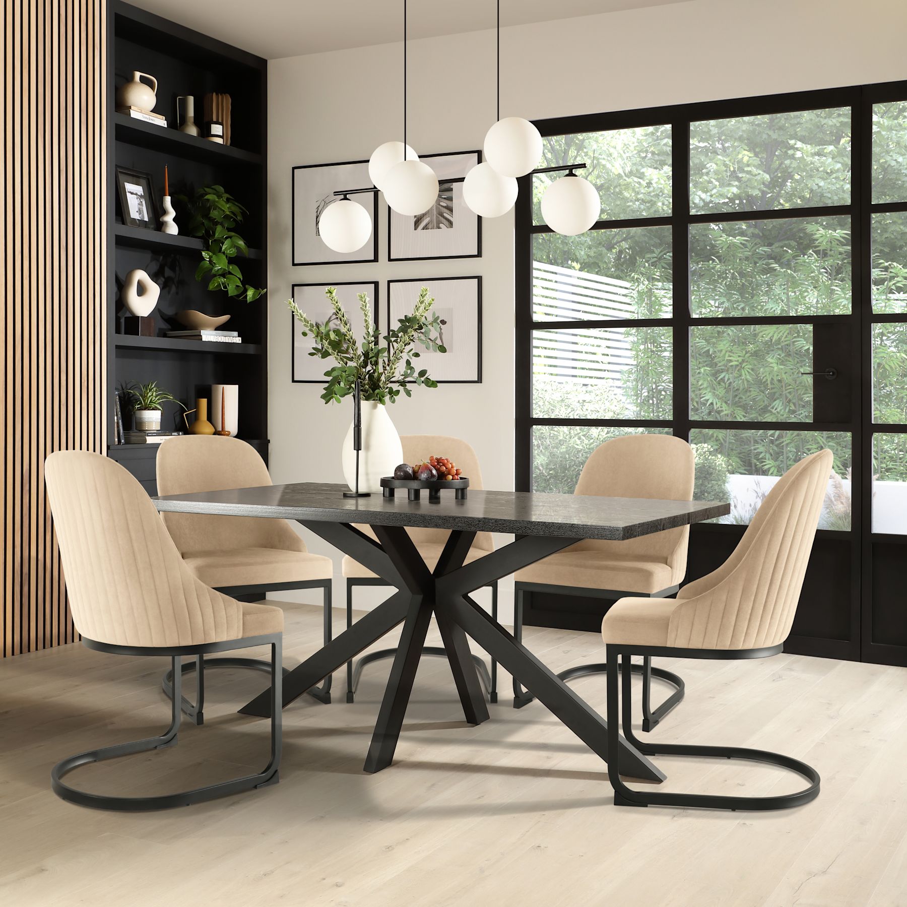 Madison Dining Table & 4 Riva Chairs, Black Oak Effect & Black Steel, Champagne Classic Velvet ...